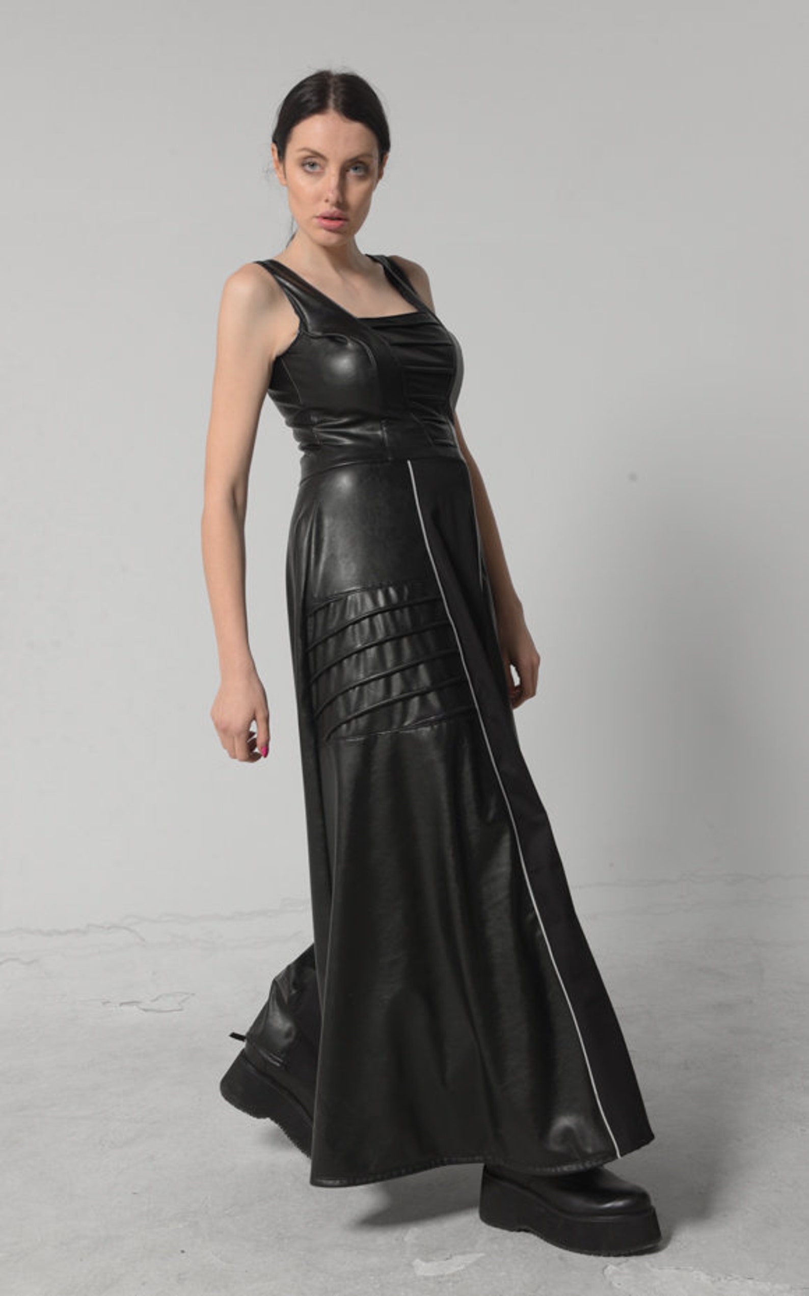 Black Leather Dress / Long Leather Dress / Fit and Flare Dress - Etsy