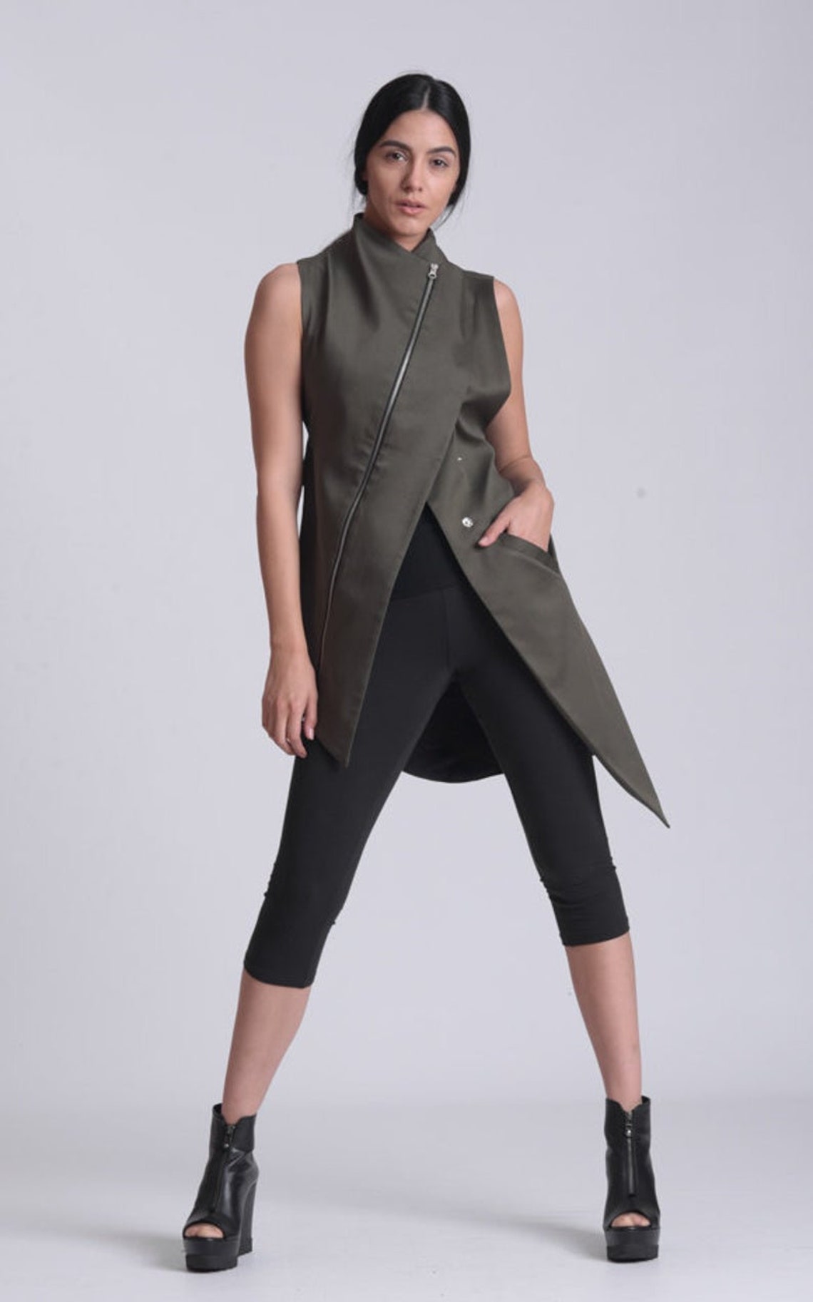 Beige Elegant Zipper Vest/Asymmetric Casual Long | Etsy