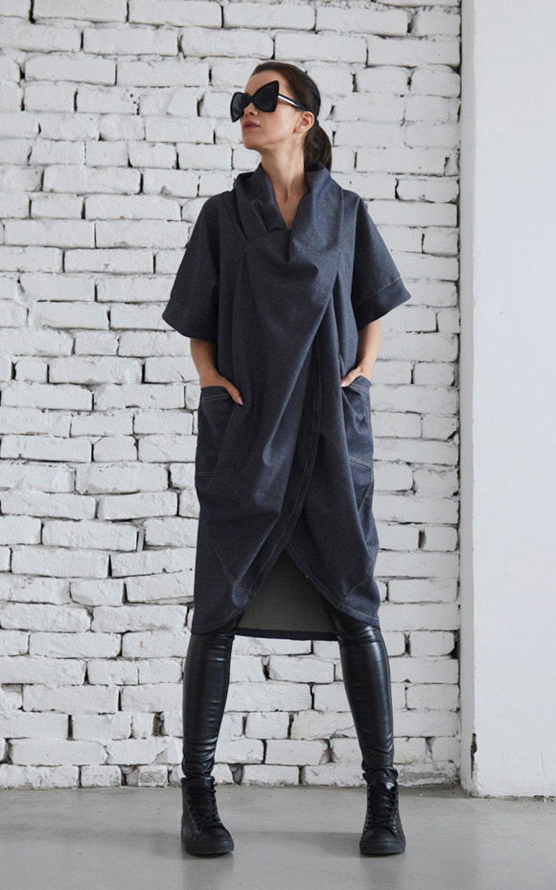 Asymmetrical Denim Tunic/draped Denim Shirt/jean Blouse With Pockets ...