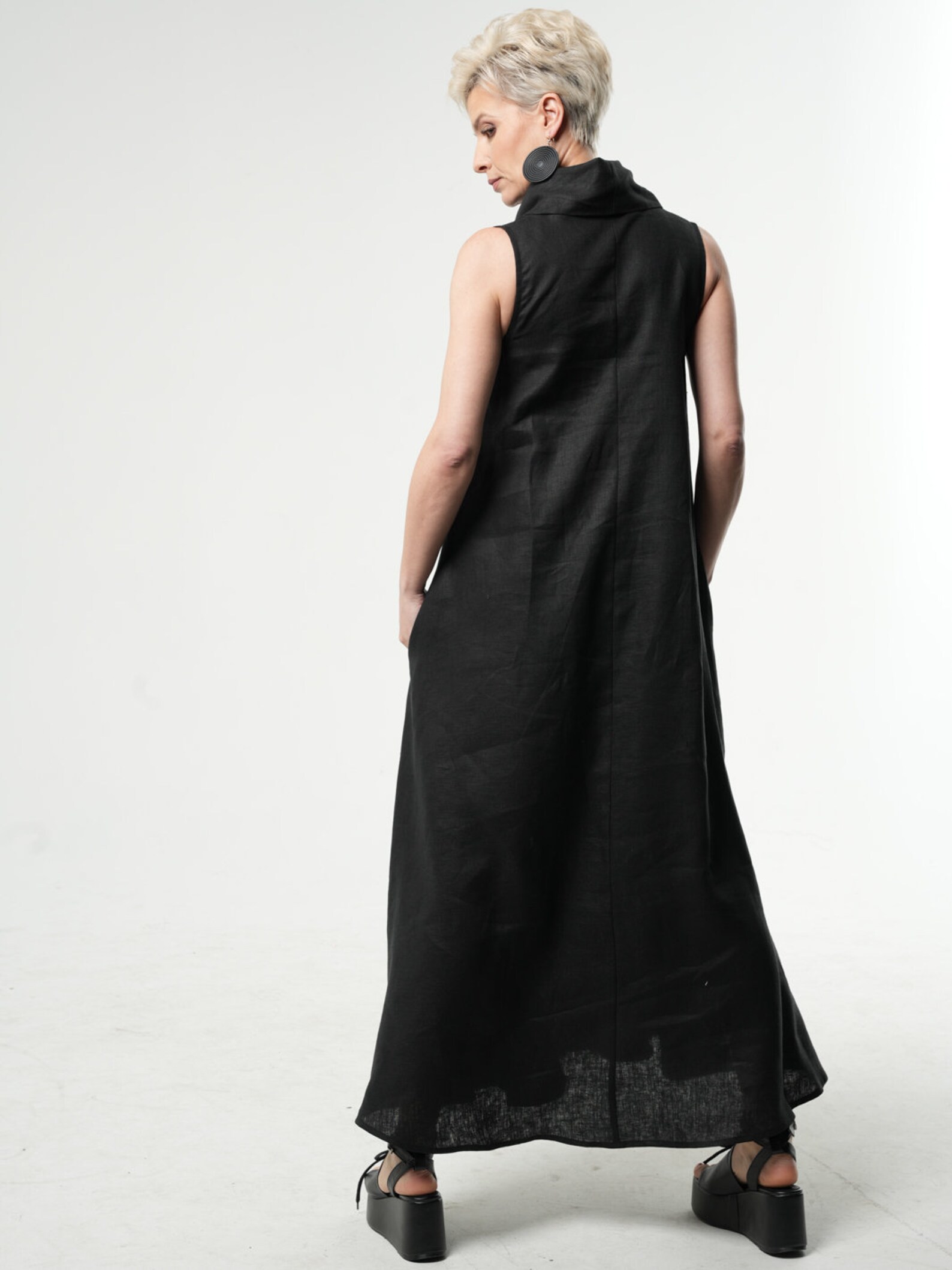 Sleeveless Linen Dress / Black Large Collar Dress / Summer Linen Dress ...