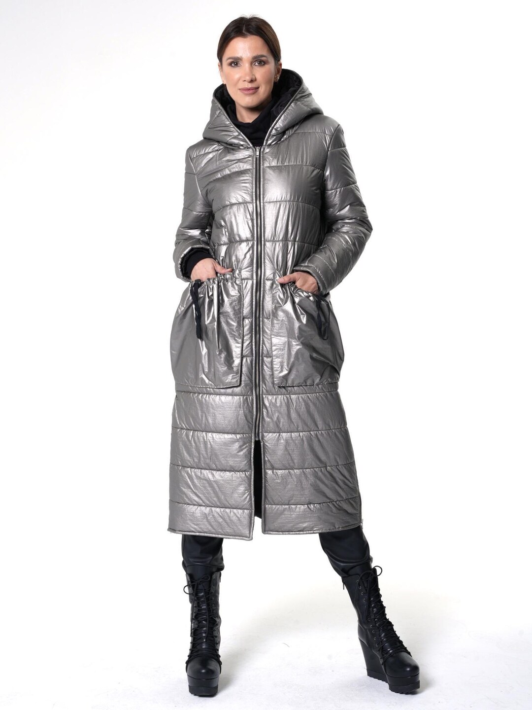 Long Winter Jacket / Silver Puffer Coat / Quilted Jacket With Hood ...