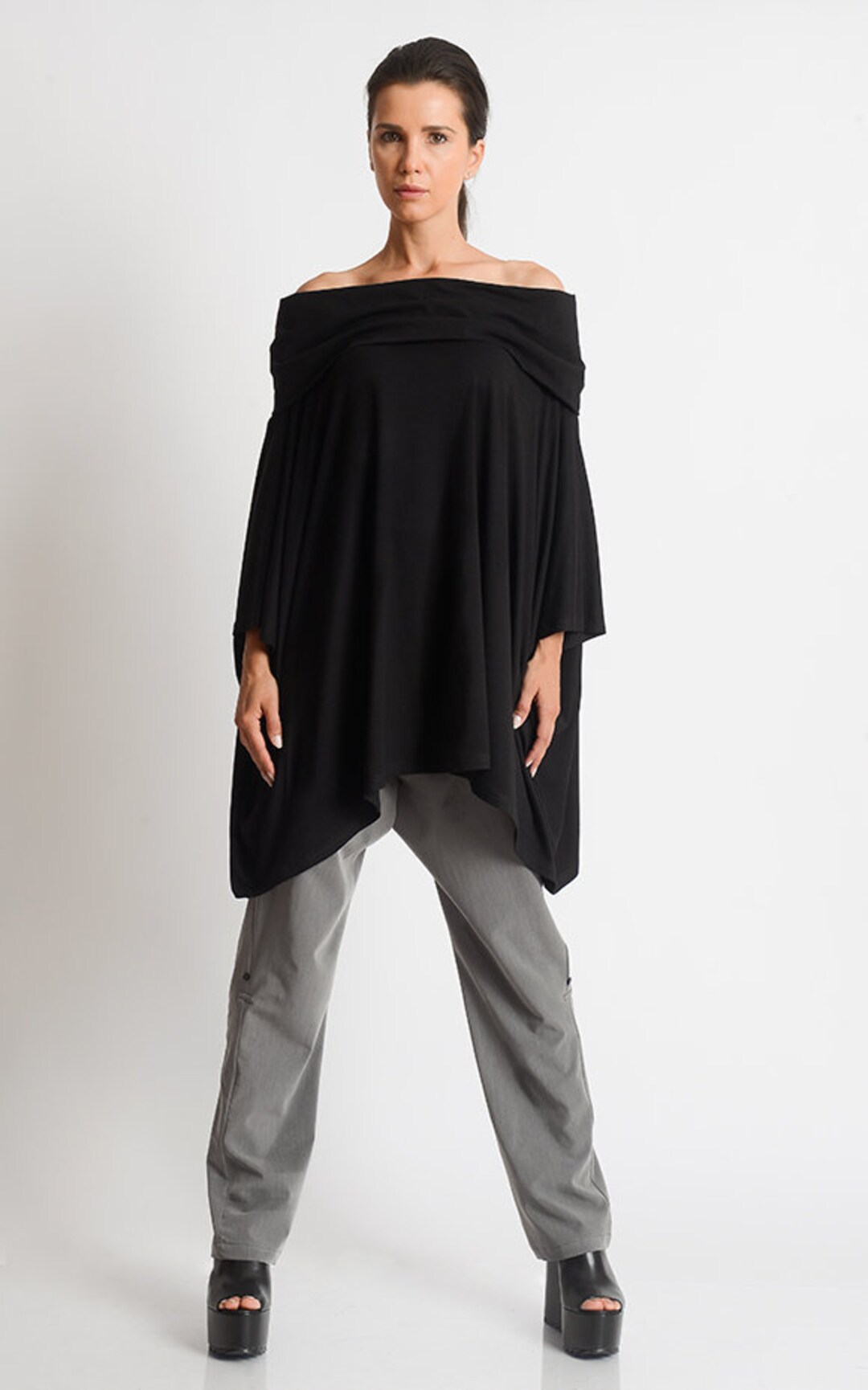 Plus Size Maxi Tunic/asymmetric Black Tunic/naked Shoulders Tunic/black ...