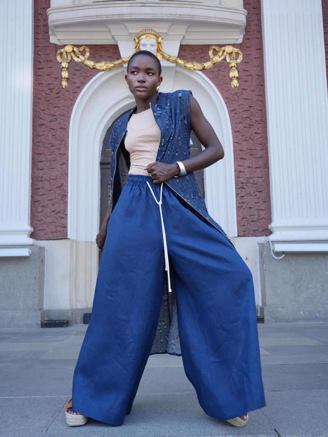 Navy Blue Linen Palazzo Pants: Wide Leg Trousers With Side Slits ...