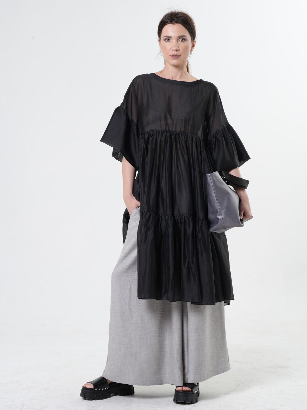 Oversize Sheer Tunic in Black / Draped Transparent Tunic Top Mett0275 ...