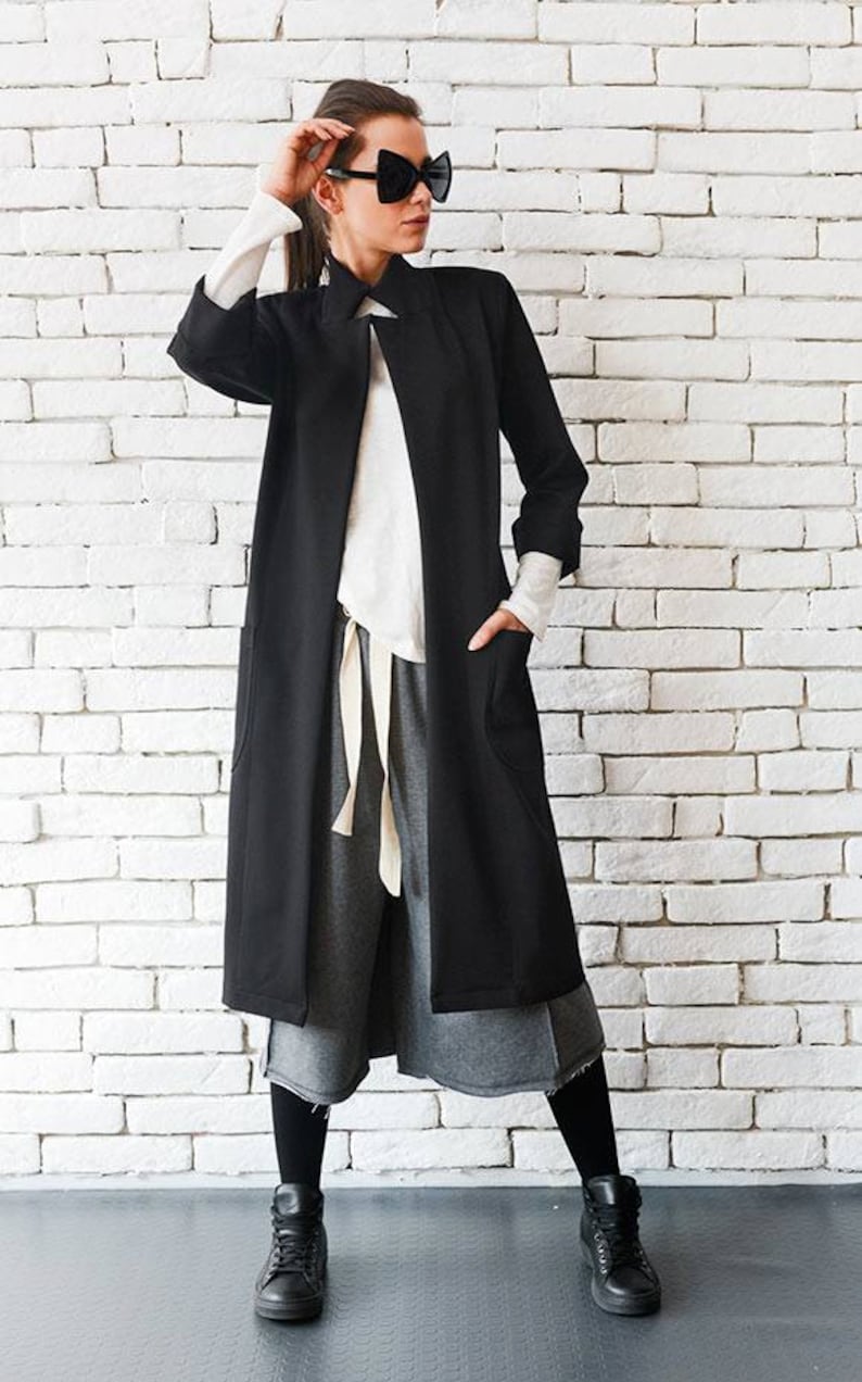 Black Loose Coat/oversize Long Jacket/long Collar Top/black Maxi Tunic ...