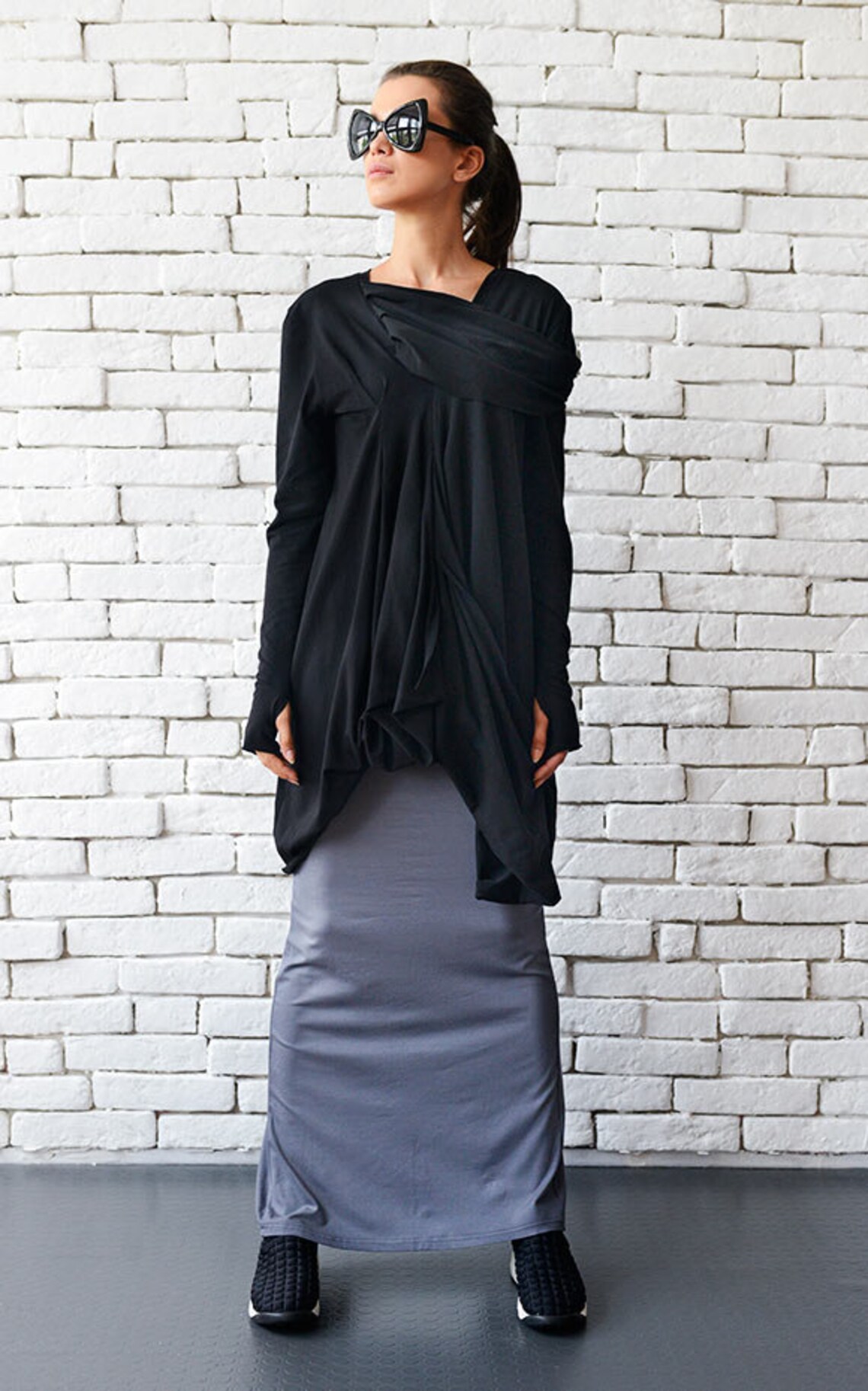 Long Sleeve Black Tunic/ Draped Tunic/black Dress/oversize - Etsy