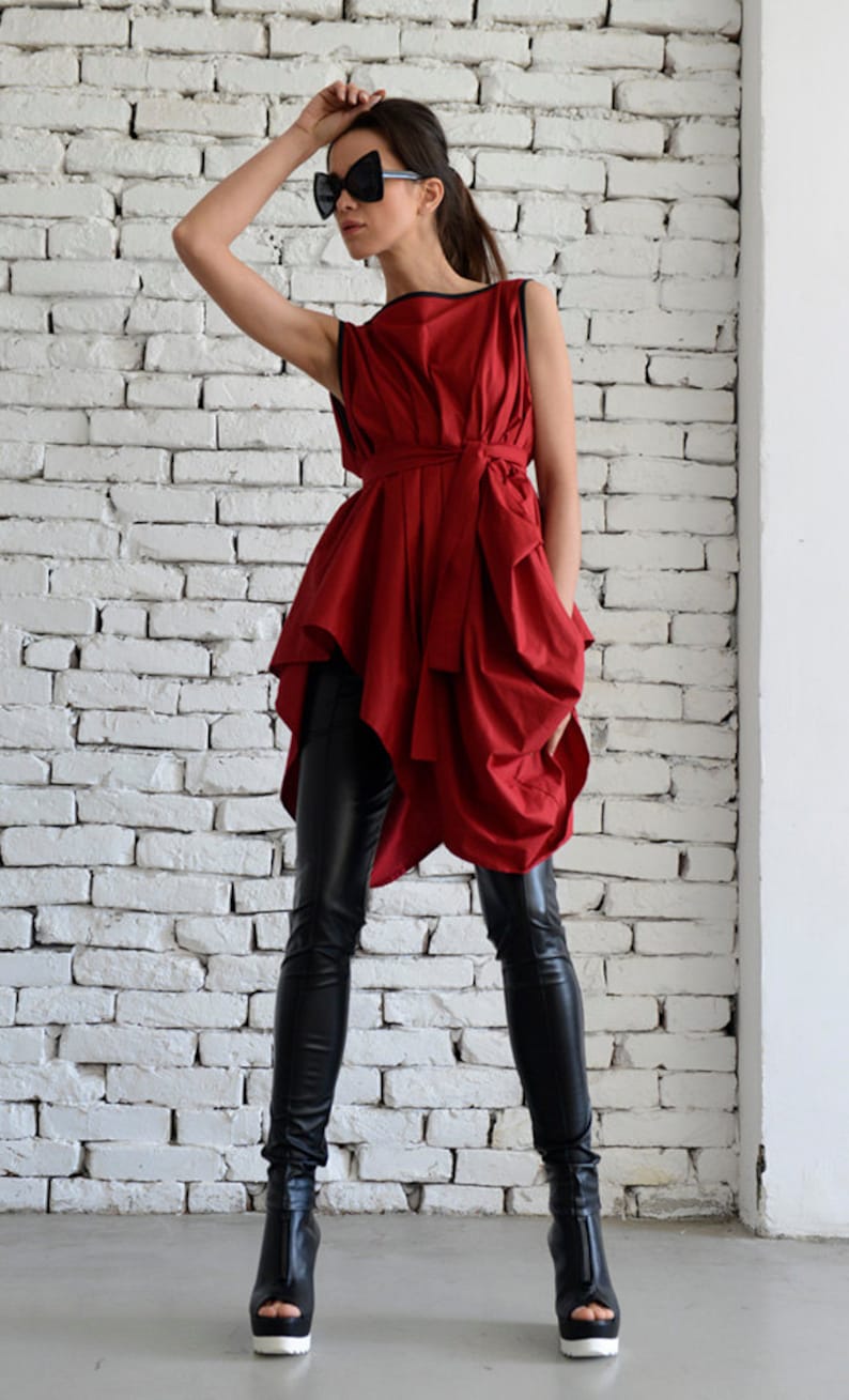 Red Asymmetric Top/sexy Red Tunic/loose Belt Vest/sleeveless Tunic Top ...