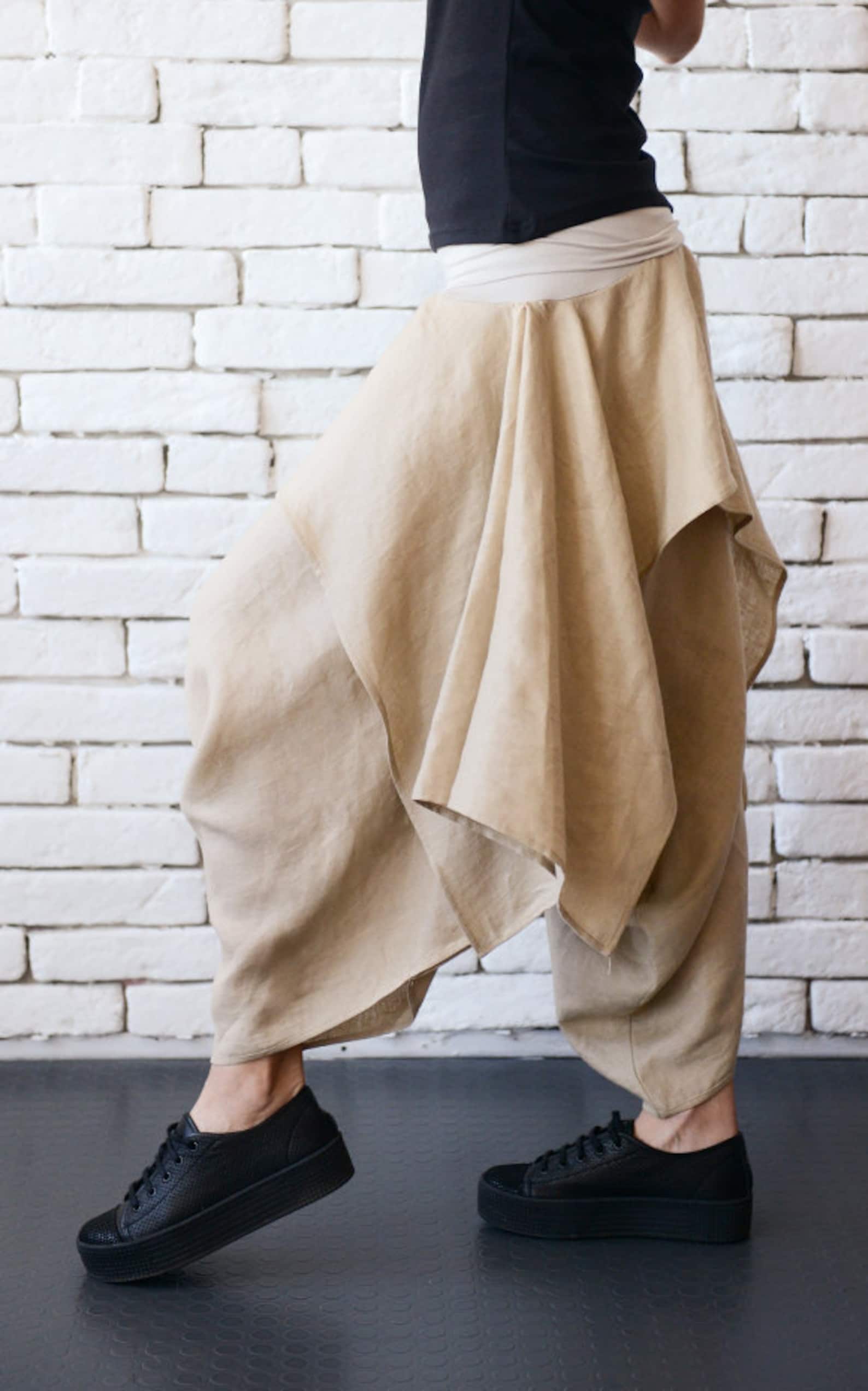 Extravagant Asymmetric Pants/beige Gypsy Pants/long Short - Etsy