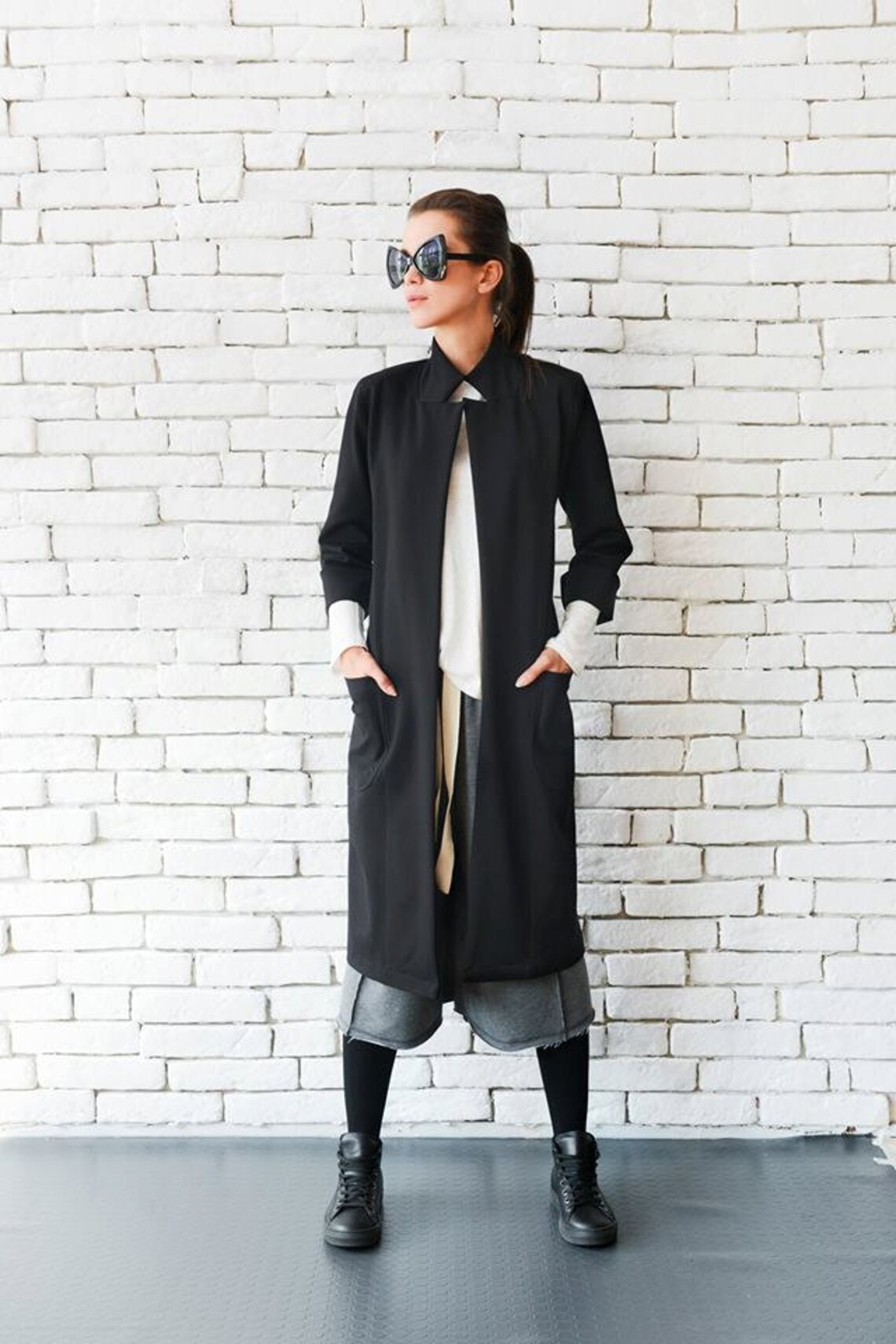 Black Loose Coat/oversize Long Jacket/long Collar Top/black | Etsy