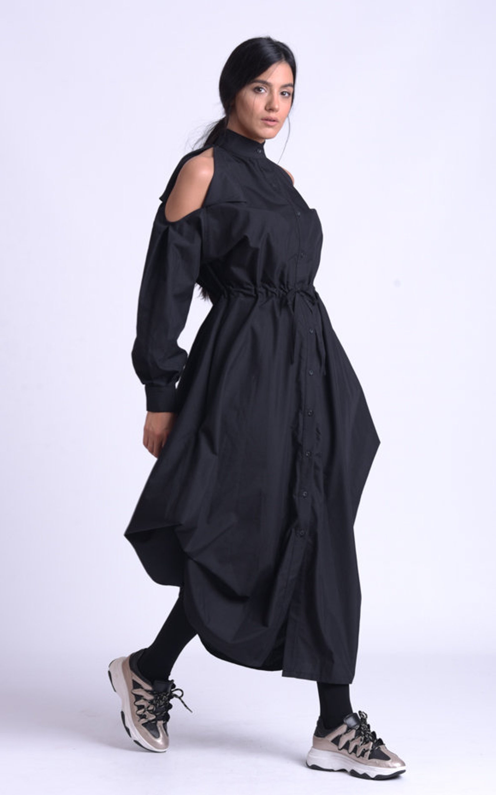 Extravagant Loose Shirt Dress/black Naked Shoulder Dress/asymmetric ...