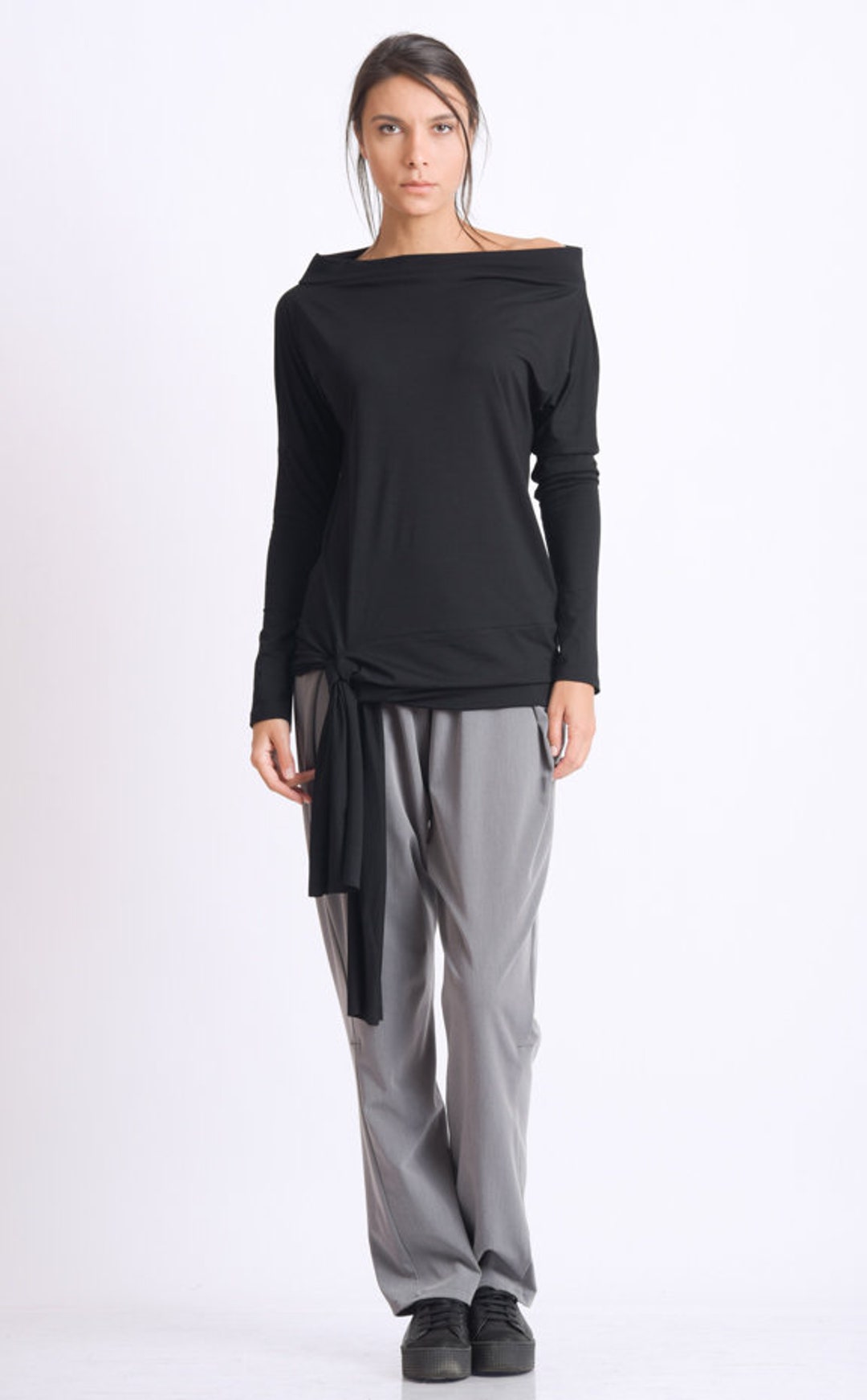 Black Boat Neck Top/casual Tunic Top/long Sleeve Blouse/handmade Black ...