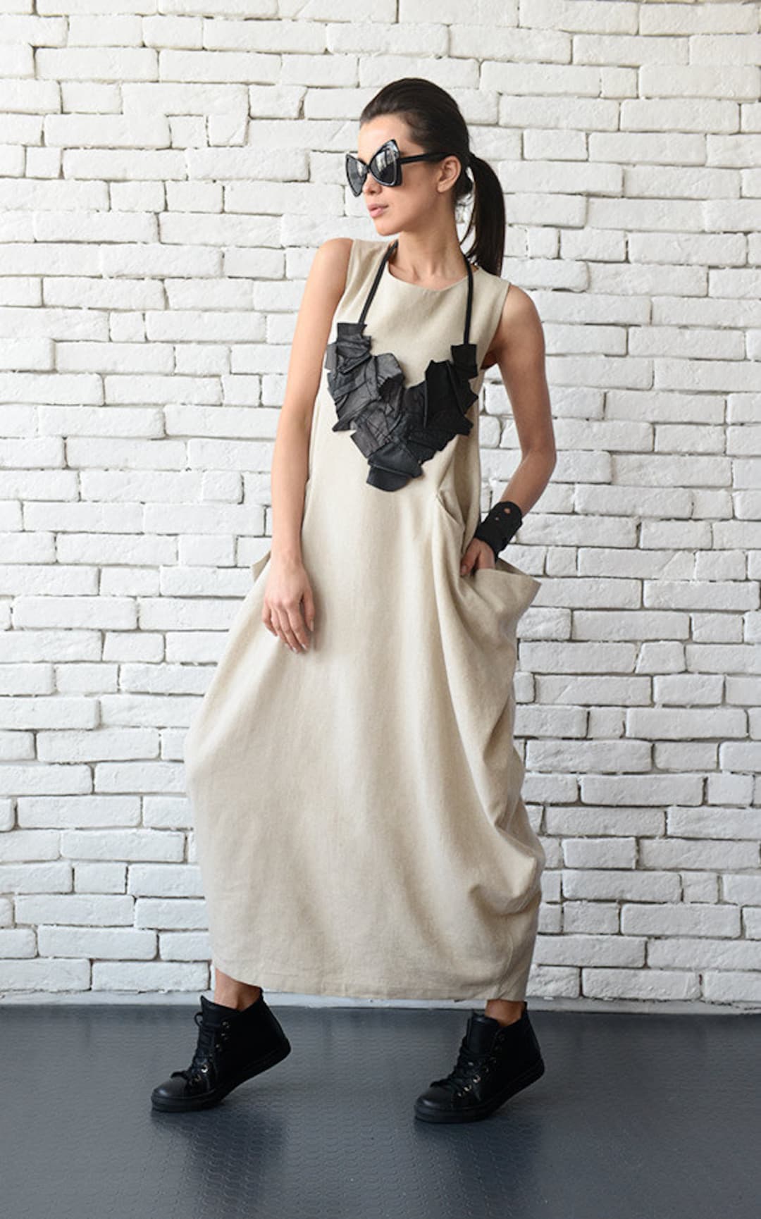 Plus Size Maxi Dress/beige Linen Long Dress/casual Loose Kaftan ...