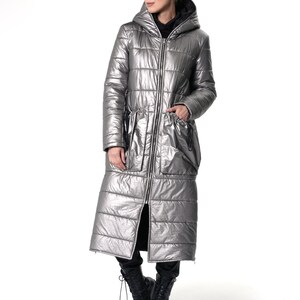 Long Winter Jacket / Silver Puffer Coat / Quilted Jacket With Hood ...