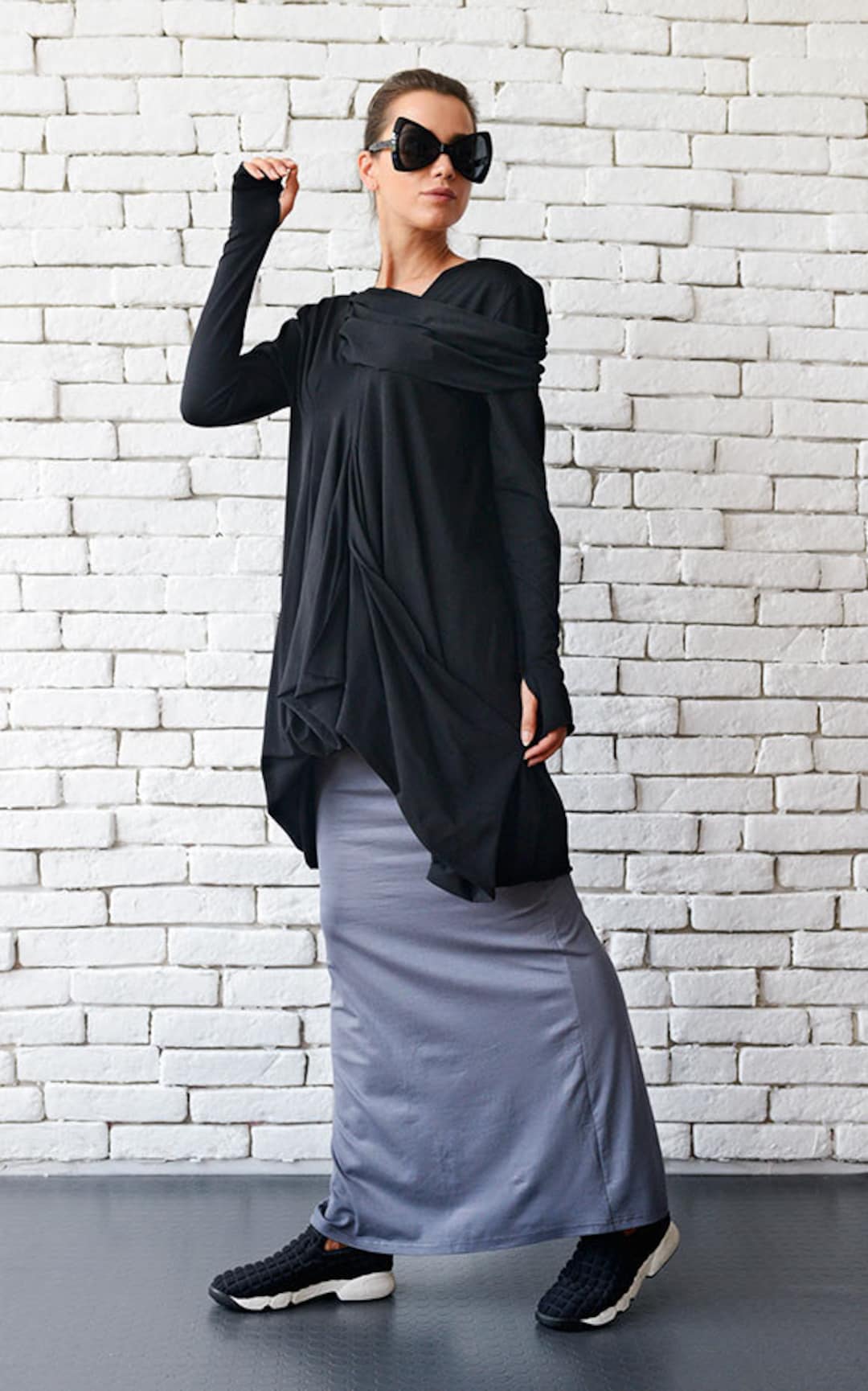 Long Sleeve Black Tunic/draped Tunic/black Dress/oversize Kaftan/loose ...