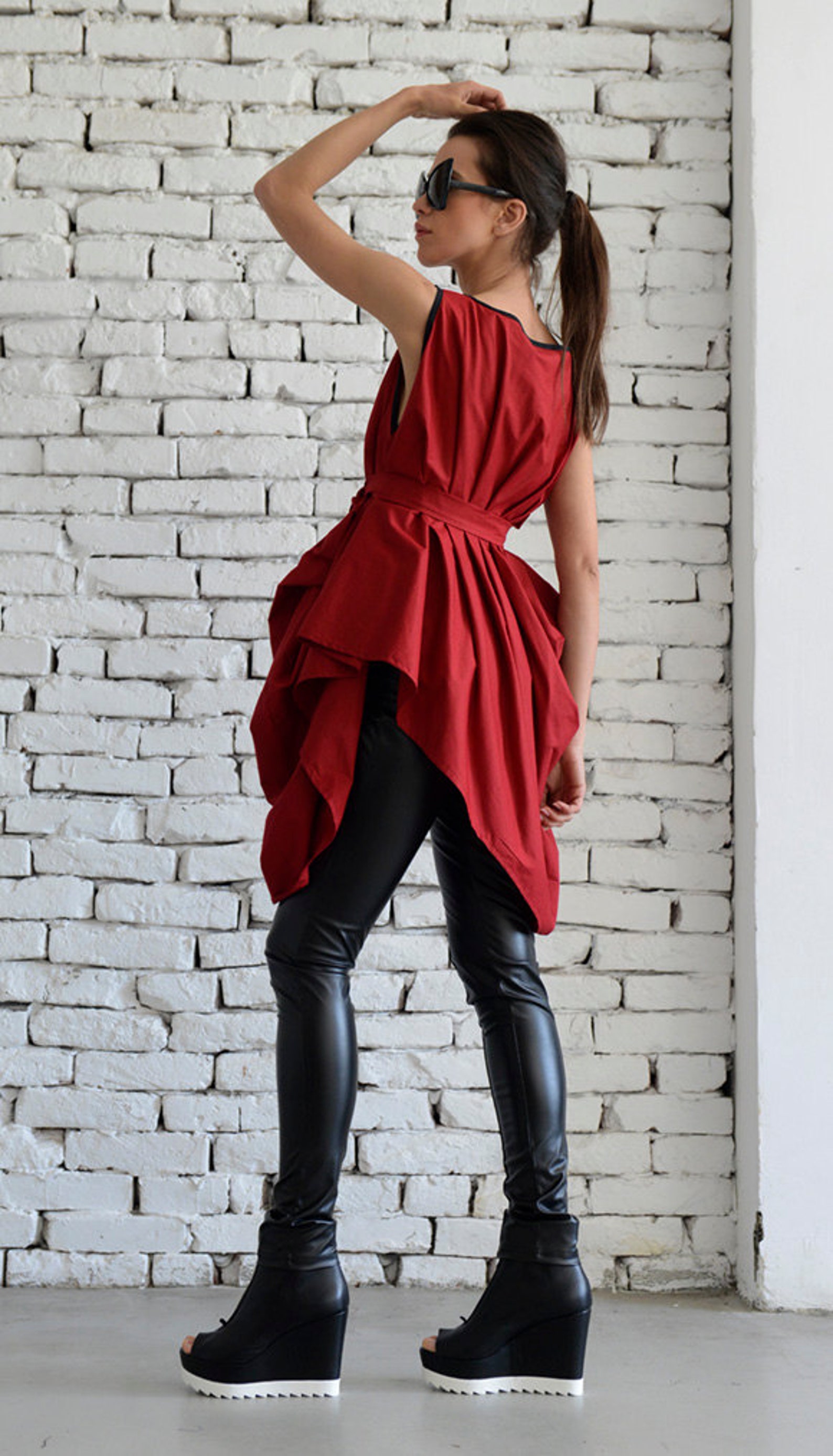 Red Asymmetric Top/sexy Red Tunic/loose Belt Vest/sleeveless Tunic Top ...