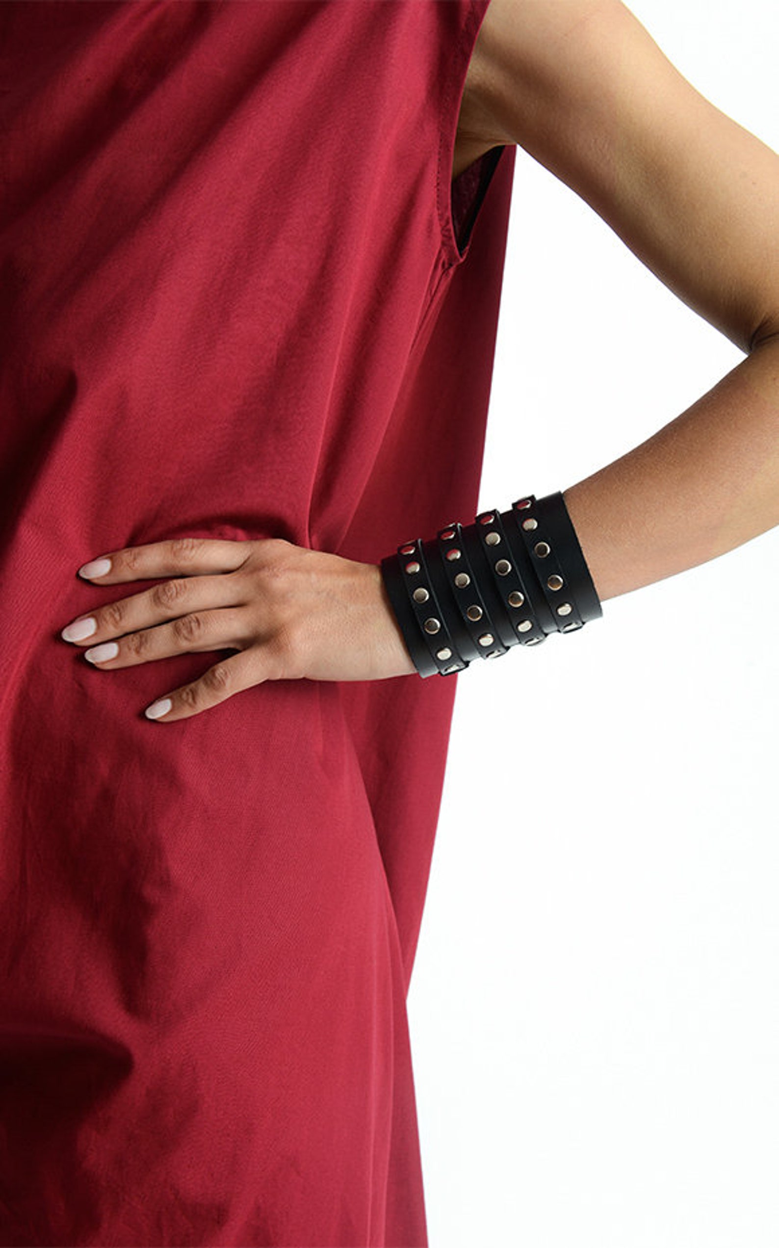 Studded Genuine Leather Bracelet/extra Large Hand Accessory/long Black ...