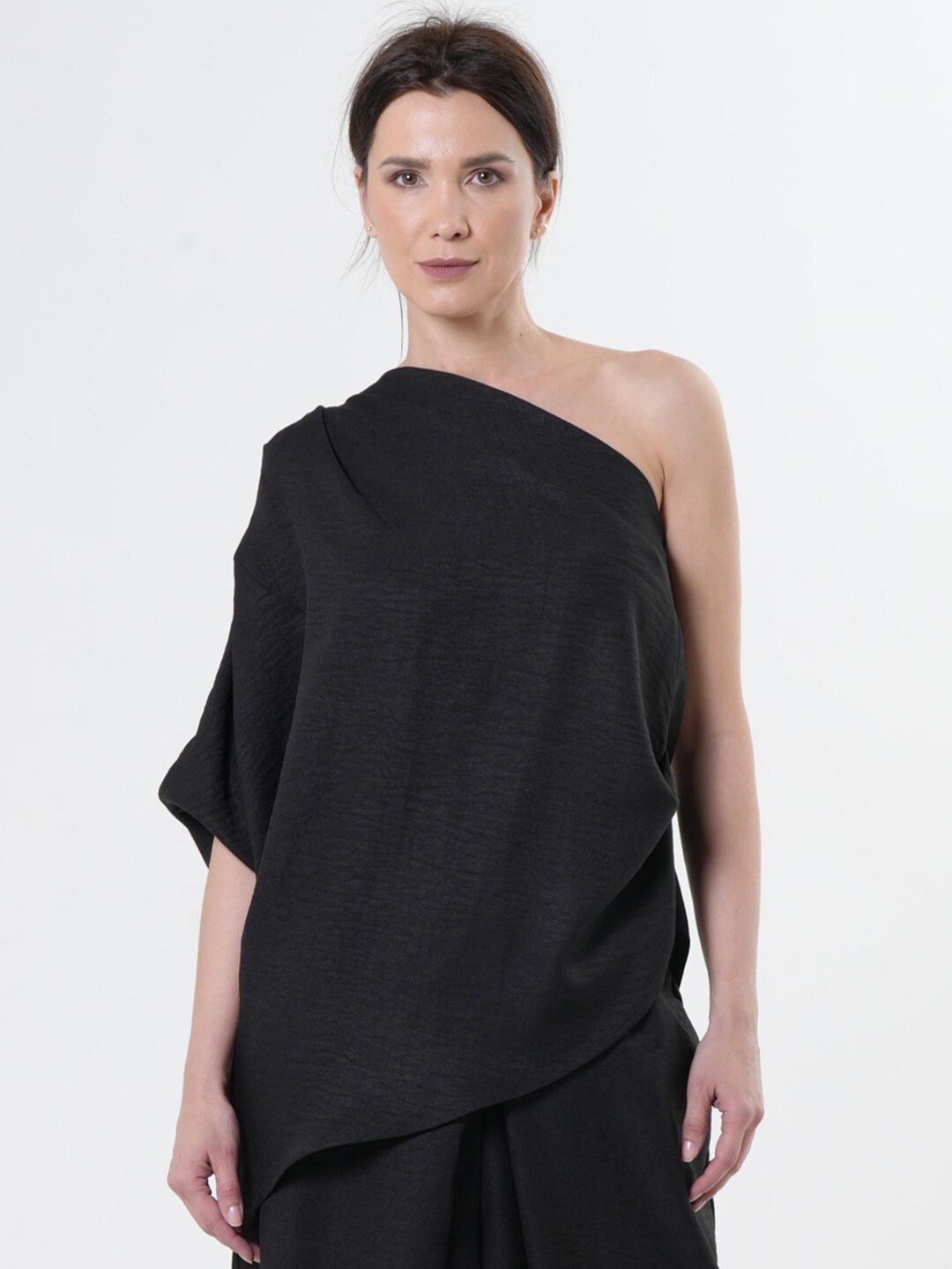 Black One Shoulder Top: Asymmetrical Draped Blouse - Etsy