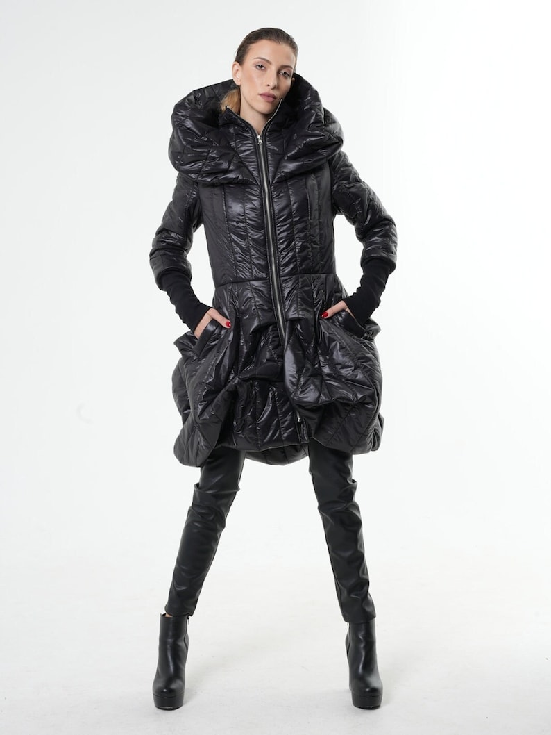 Extravagant Long Puffy Coat / Warm Shiny Jacket / Large Collar Black ...