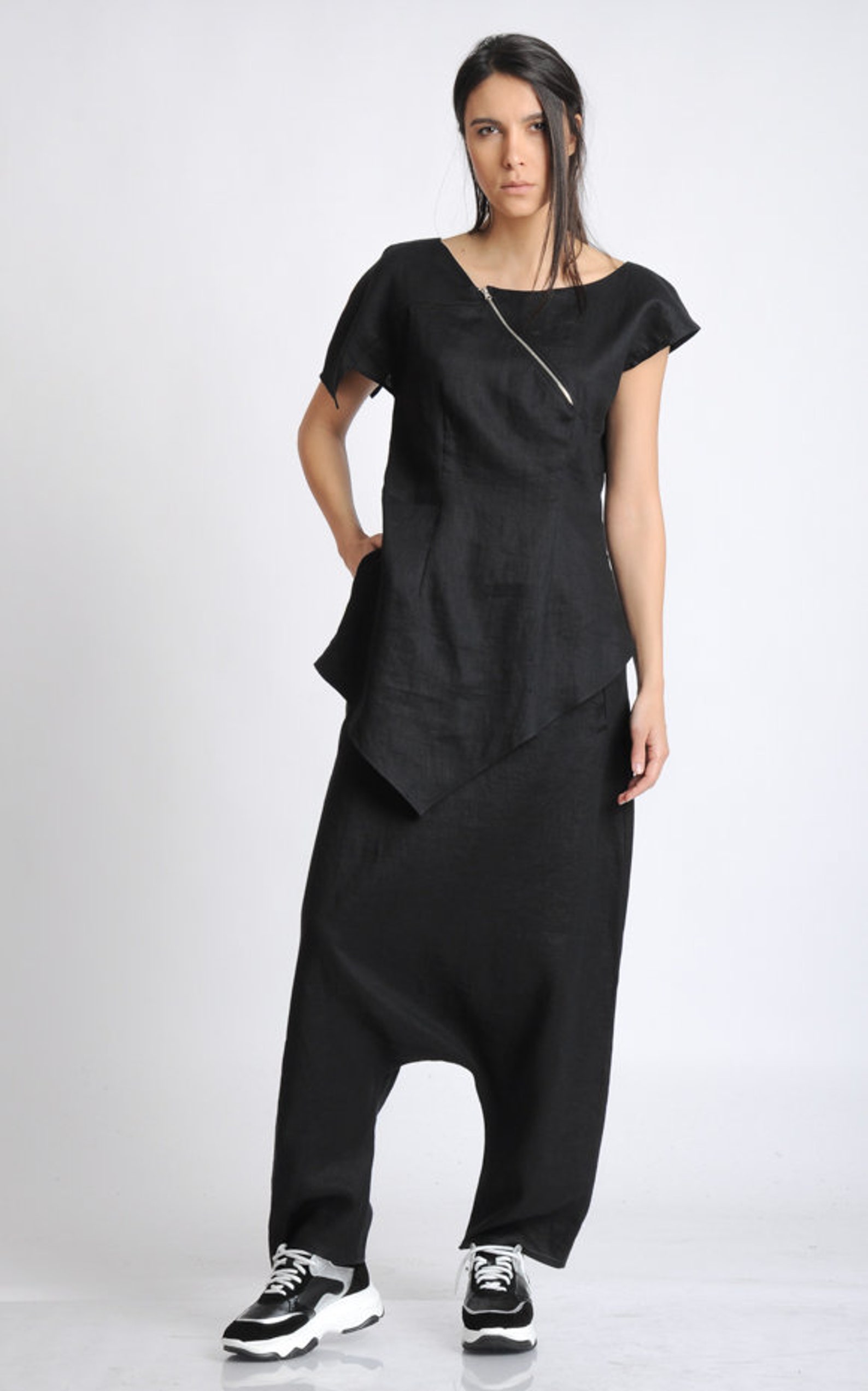 Black Short Sleeve Tunic/asymmetric Linen Top/extravagant Casual Shirt ...