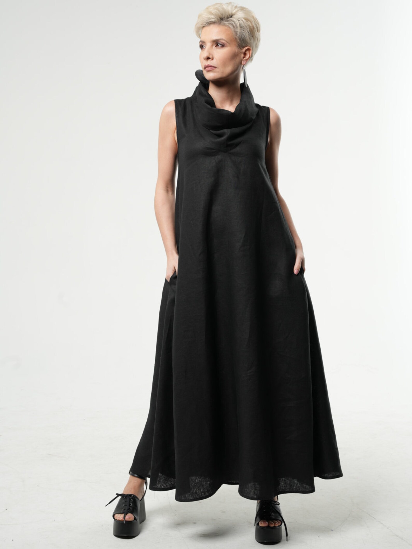 Sleeveless Linen Dress / Black Large Collar Dress / Summer Linen Dress ...