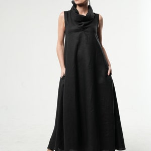 Sleeveless Linen Dress / Black Large Collar Dress / Summer Linen Dress ...