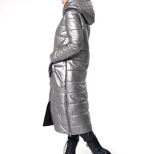 Long Winter Jacket / Silver Puffer Coat / Quilted Jacket With Hood ...