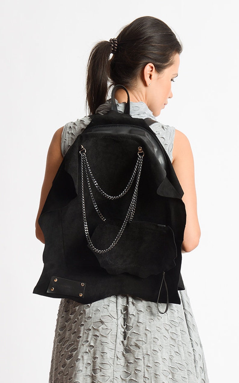 Black Suede Backpack/extravagant Genuine Leather Handbag/oversize Black ...