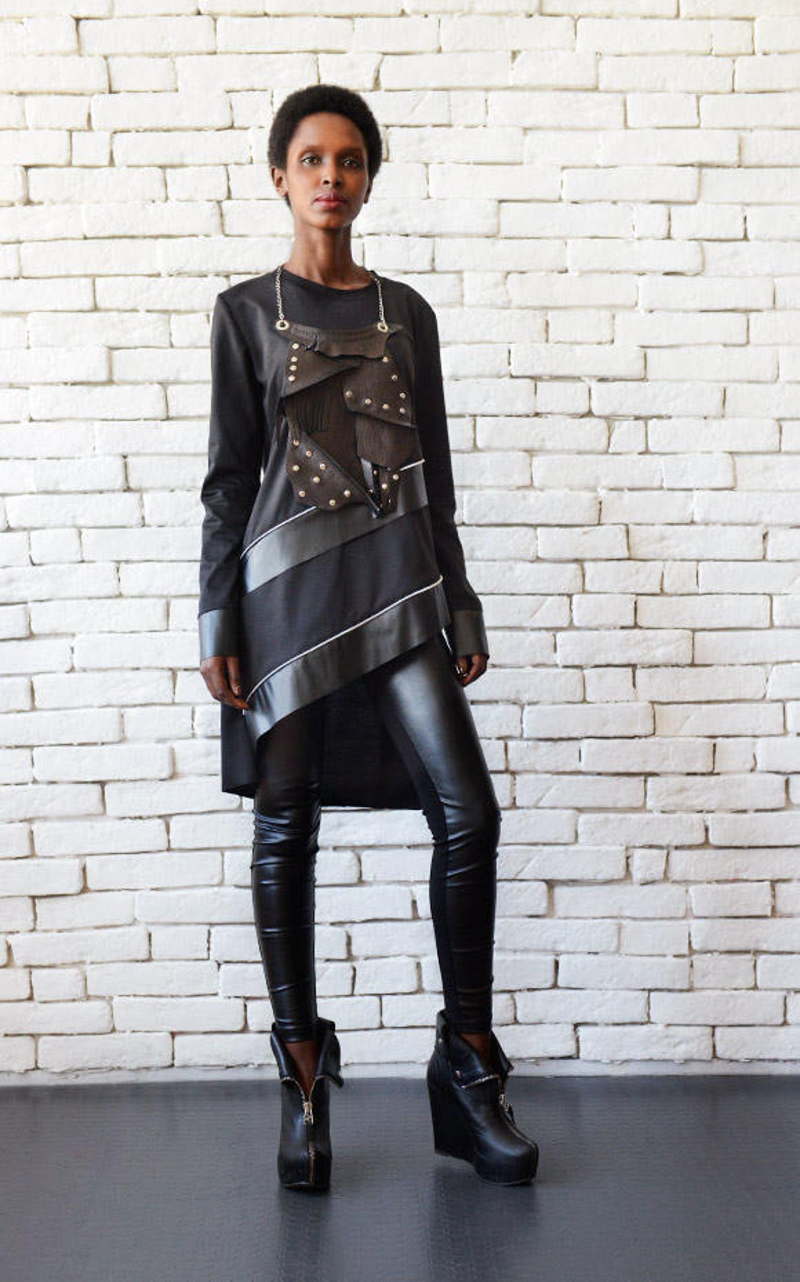 Long Sleeve Black Tunic/leather Detail Stripe Top/black Asymmetric ...