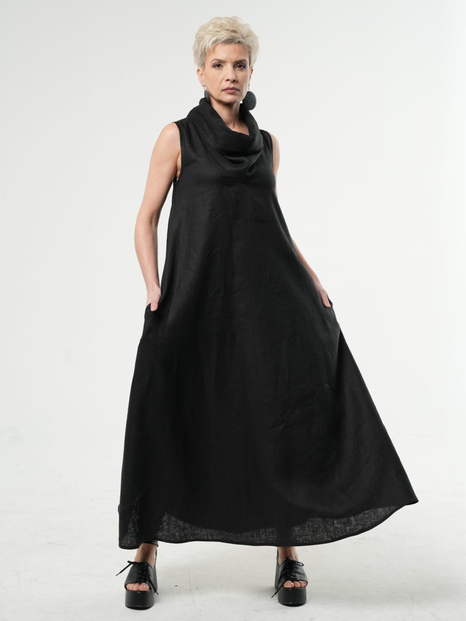 Sleeveless Linen Dress / Black Large Collar Dress / Summer Linen Dress ...
