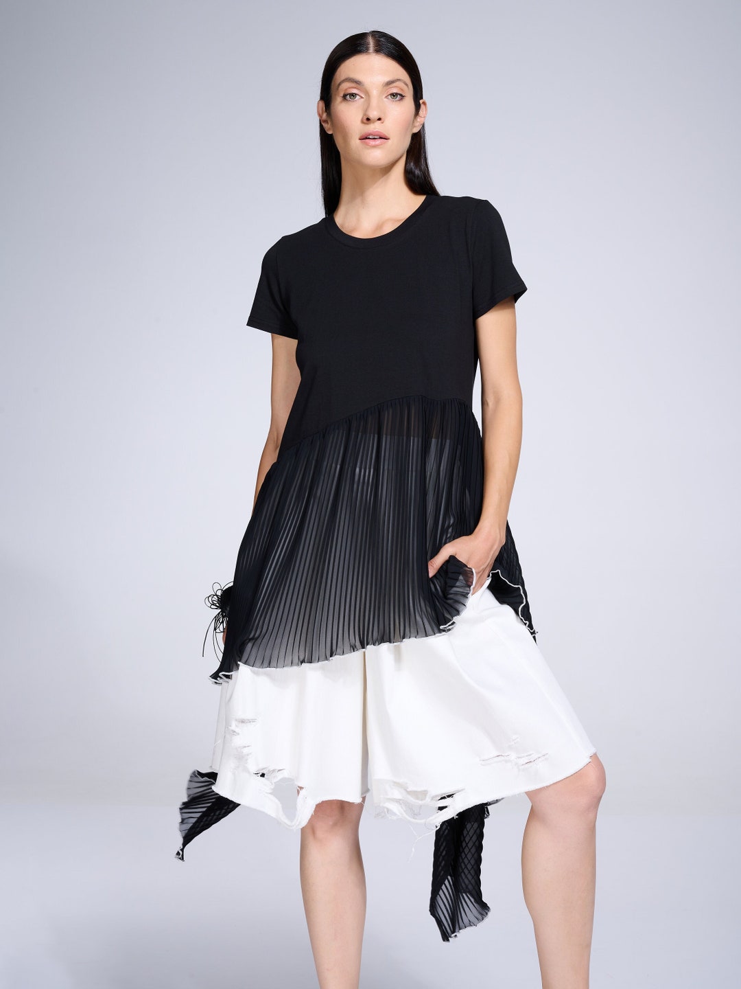 Asymmetrical Тop / Chiffon Tunic / Black Chiffon Tunic / Pleated Tunic ...