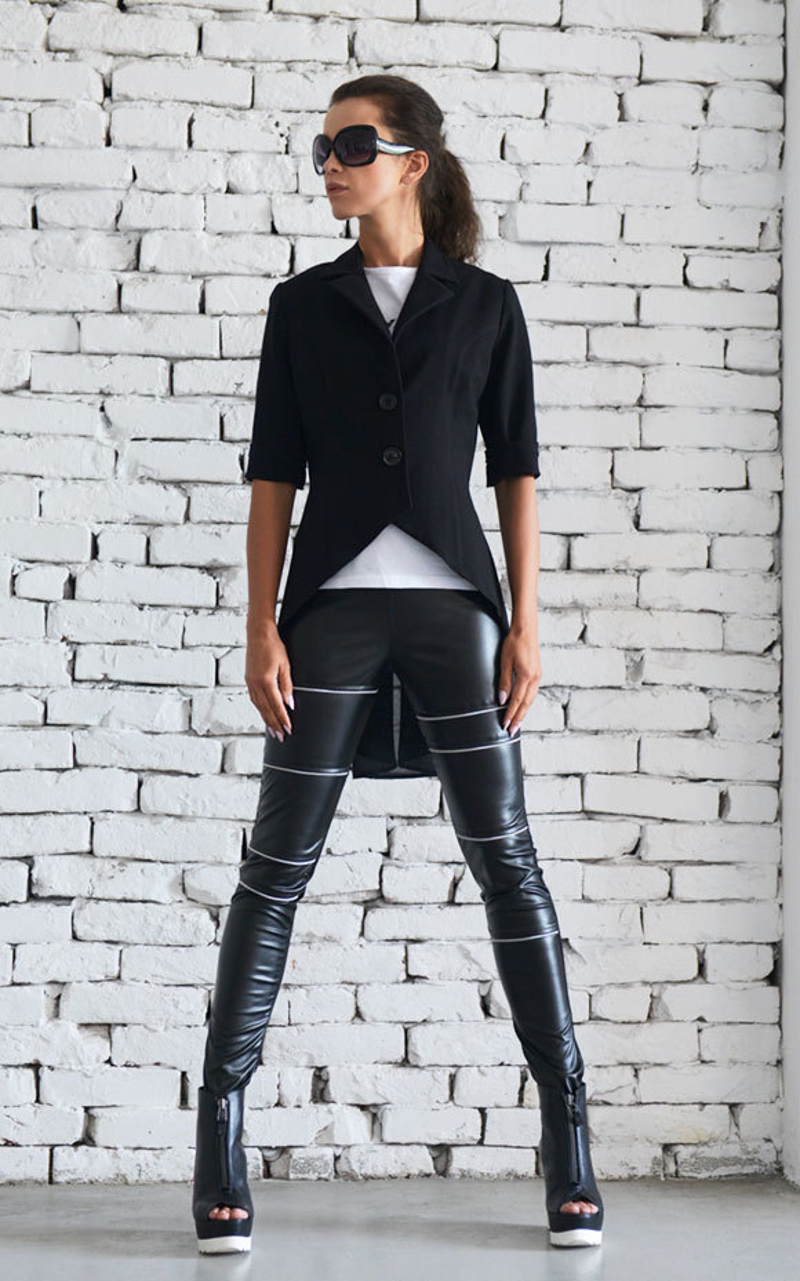 Black Asymmetrical Blazer/ Short Sleeve Coat / High Waisted Black ...