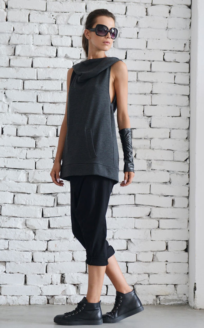 Dark Grey Hooded Top/extravagant Summer Vest/casual Tunic With Hood ...