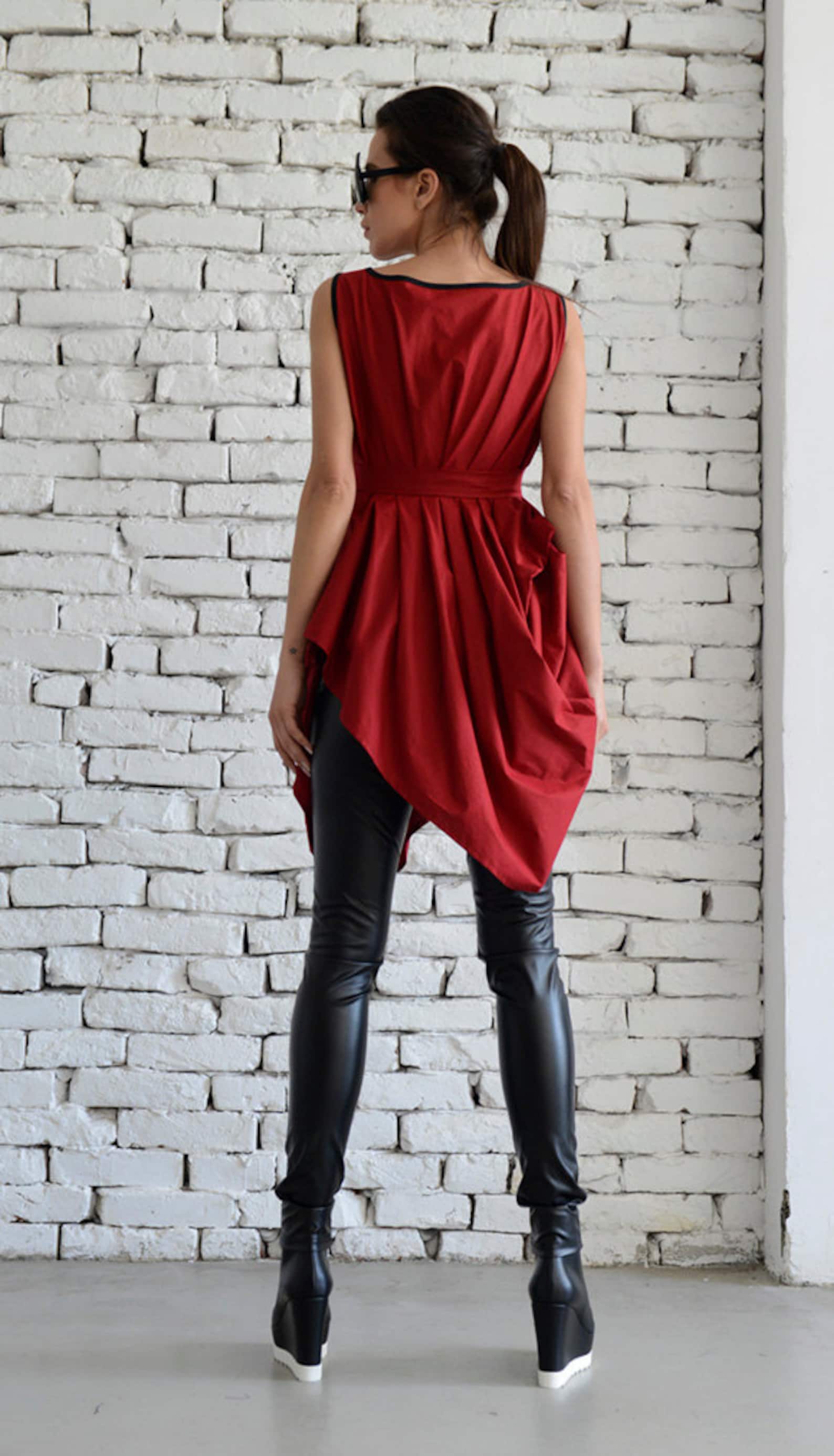 Red Asymmetric Top/sexy Red Tunic/loose Belt Vest/sleeveless Tunic Top ...