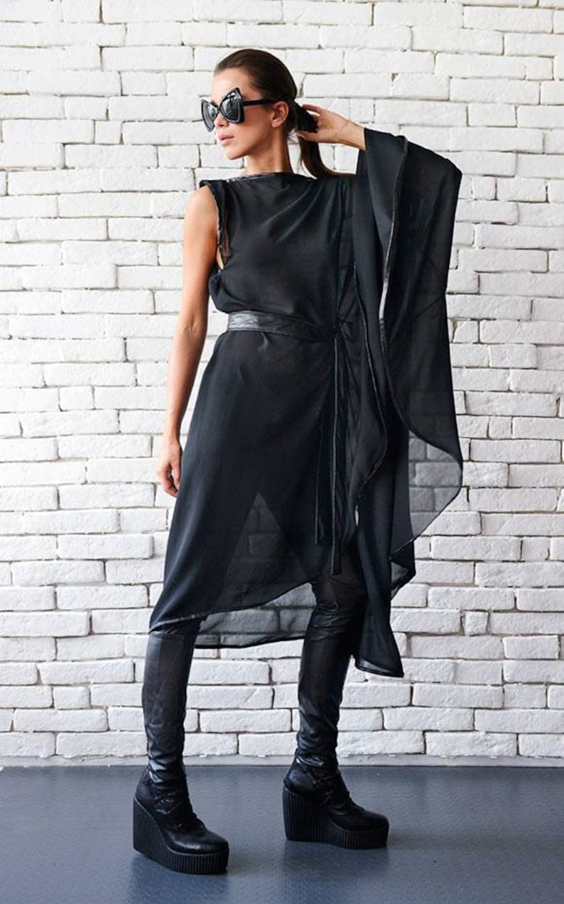 Maxi Black Tunic Sheer Black Tunic Asymmetrical Black Top Etsy