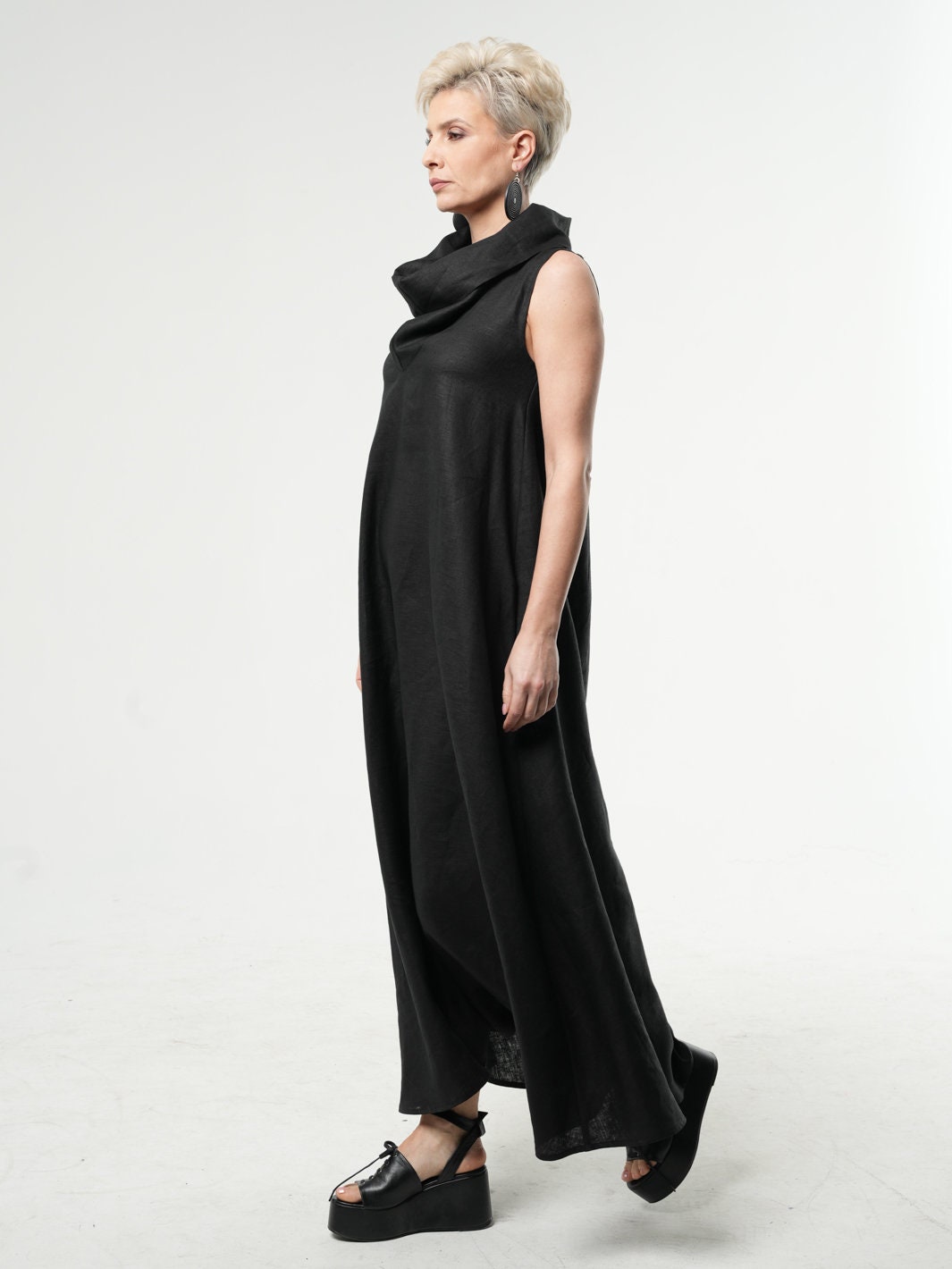 Sleeveless Linen Dress / Black Large Collar Dress / Summer Linen Dress ...