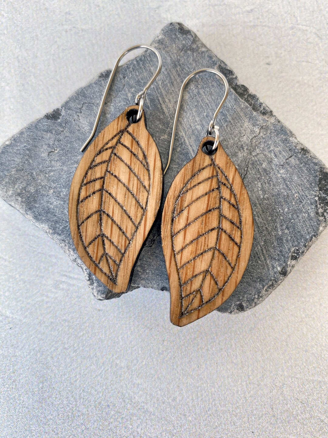 Wood Leaf Earrings White Oak Engraved Leaf Earrings Laser Etsy