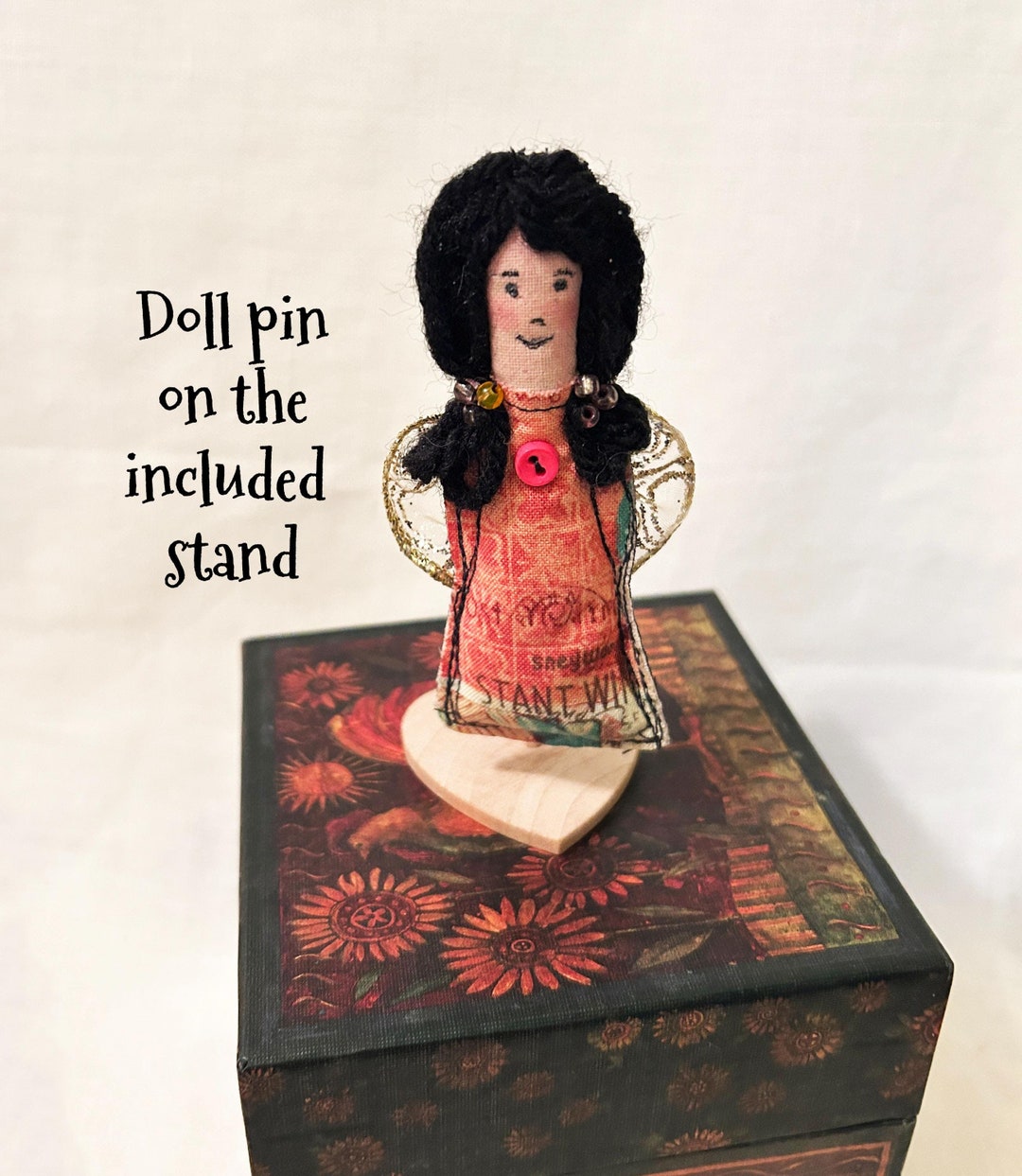 Wearable Art Doll Pin With Stand, Fiber Art Fabric Brooch, Pocket Doll ...