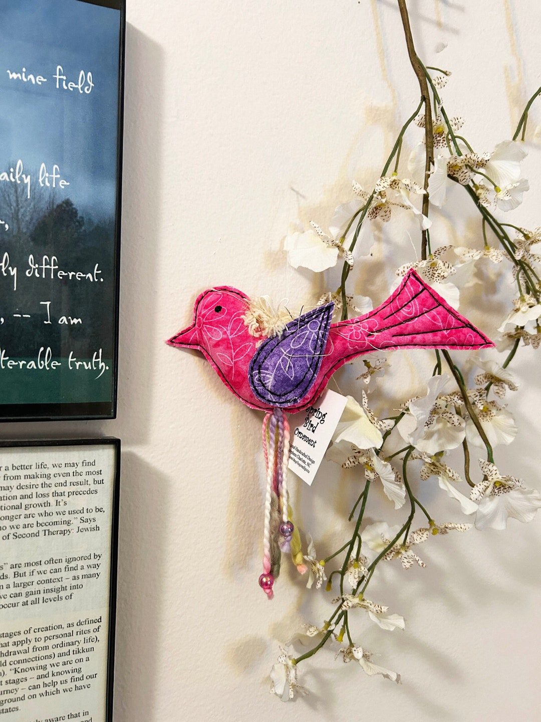 Spring Bird Ornament, Cloth Bird Ornament, Folk Art Style, Cottage Chic ...