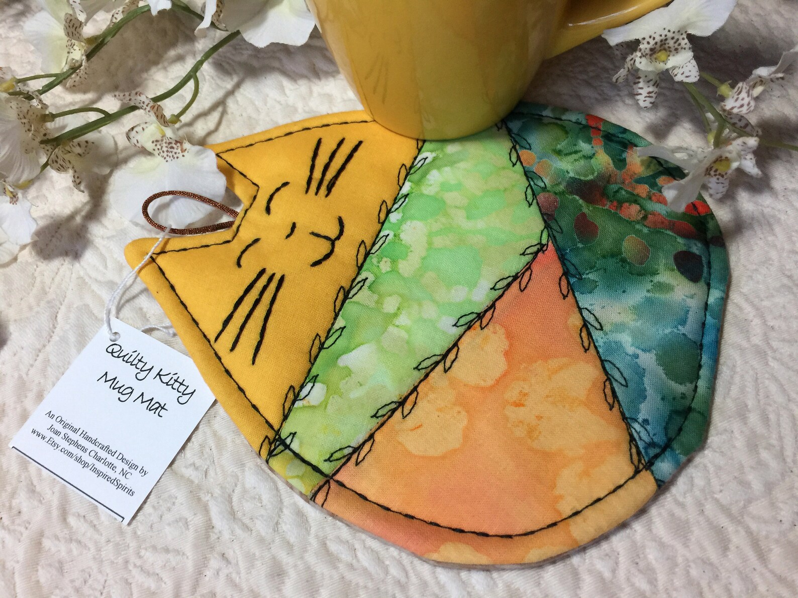 Chubby Kitty Mug Mat, Crazy Quilt Cat Wall Art Housewarming Gift ...