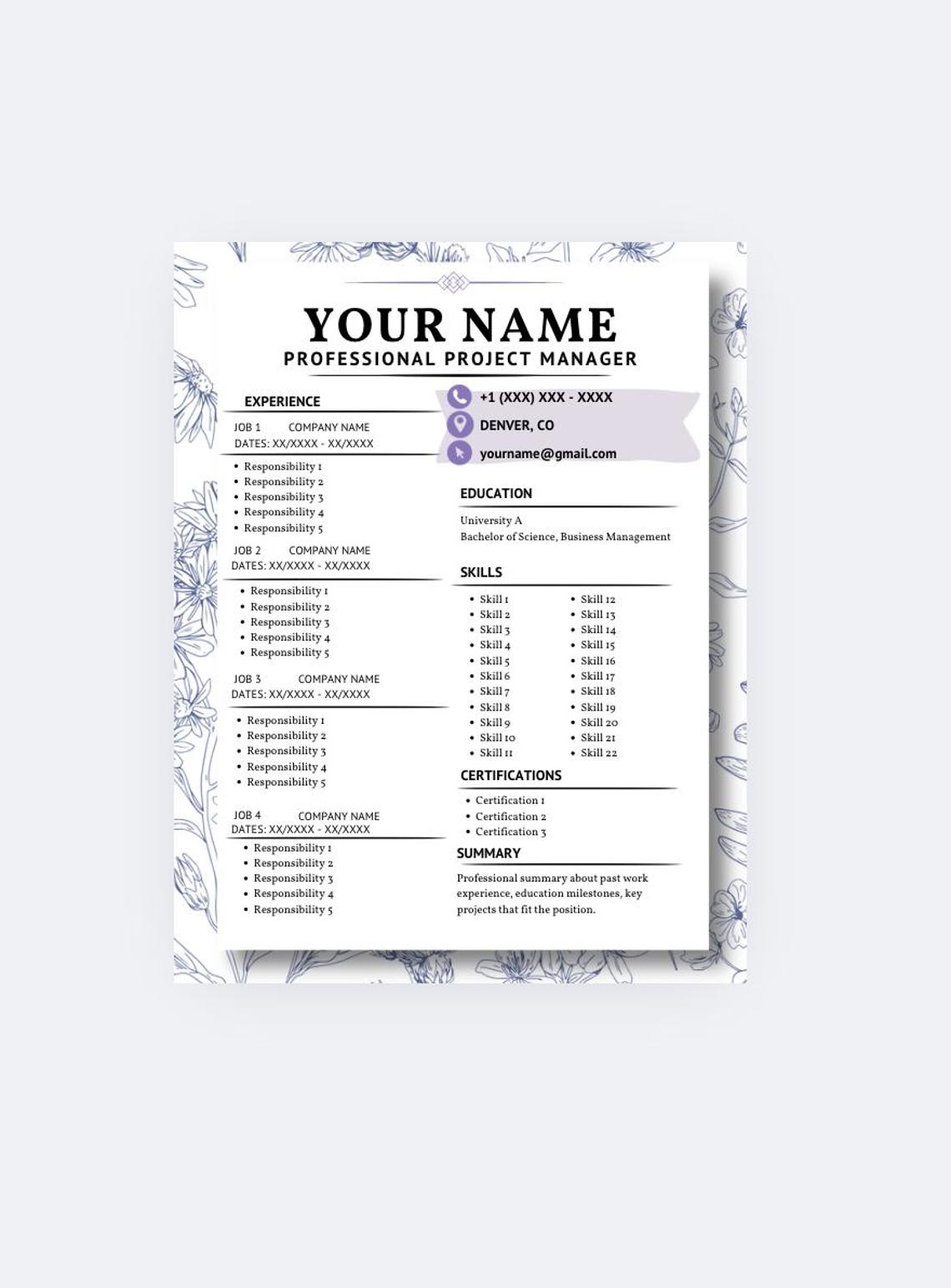 Floral Backdrop Resume Template - Digital Canva Template - Etsy
