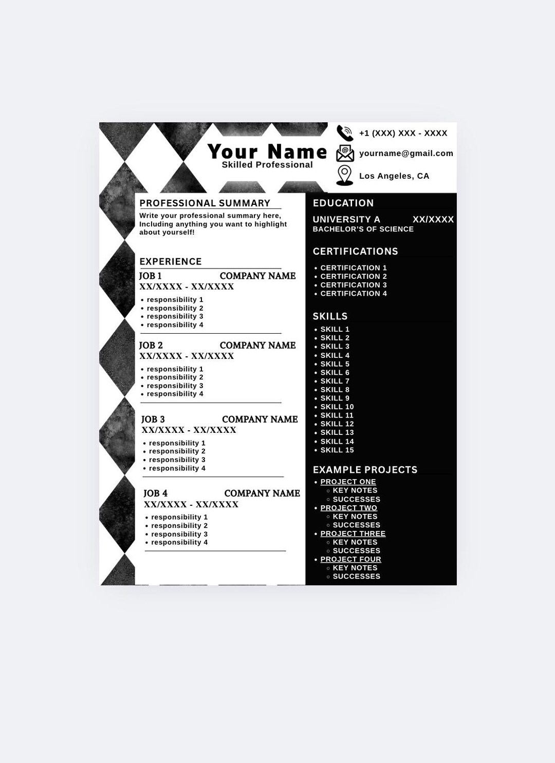 Diamond Back Resume Template - Etsy
