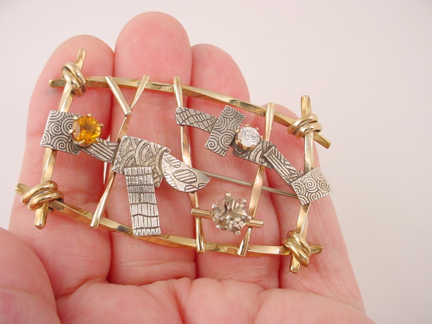 Rectangle Pin in Gold Filled Wire and Textured Sterling Silver With ...