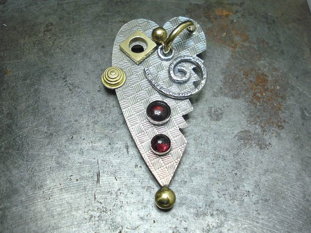 Heart Pin Long With Texture and Garnets "mad Hatter Heart Pin" Nickle ...