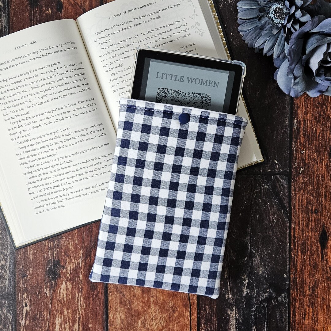 Navy Blue Gingham Kindle Sleeve Book Lover Gift Checkered Cover Kindle ...