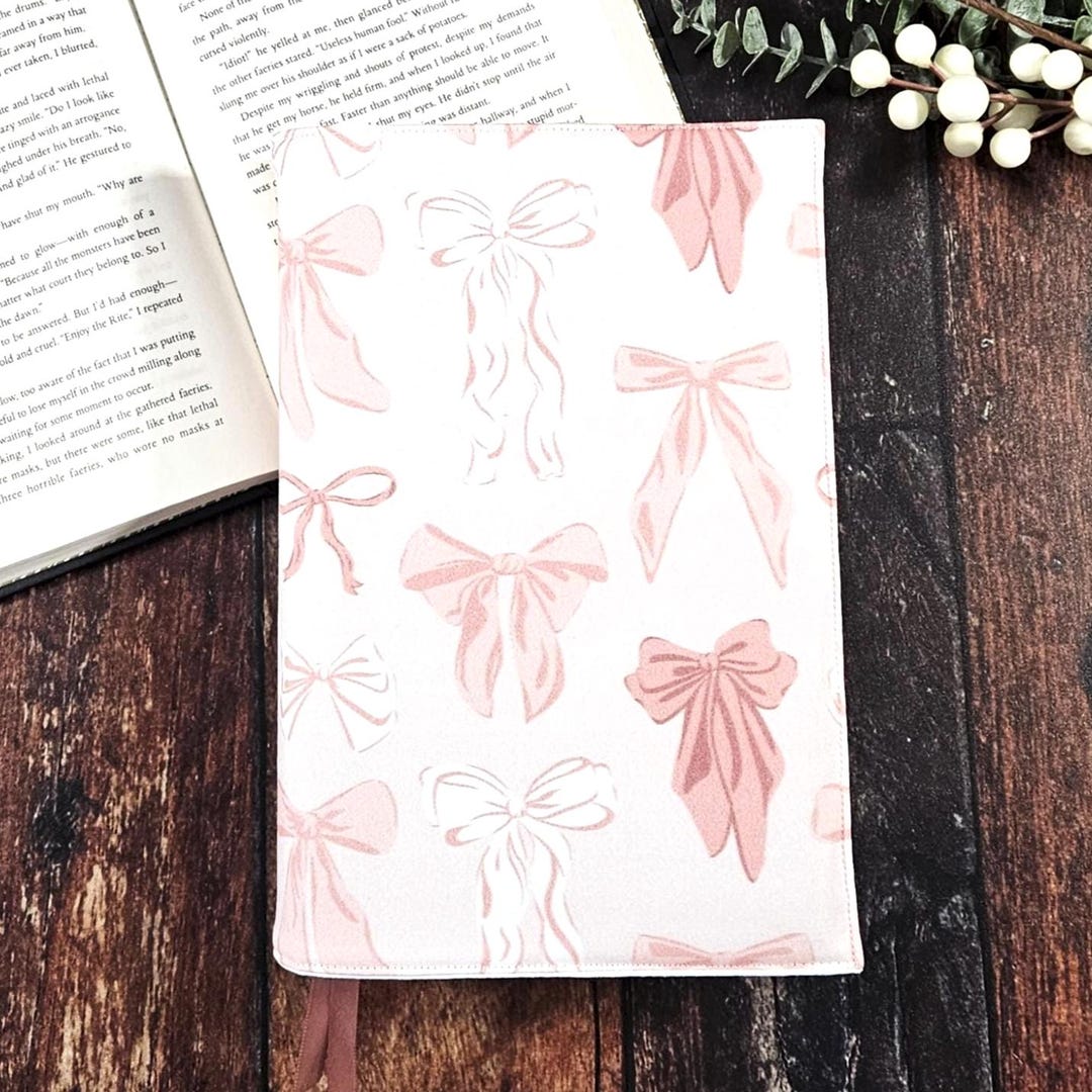 Pastel Pink Bows Book Cover, Coquette Ribbons Reusable Dust Jacket ...