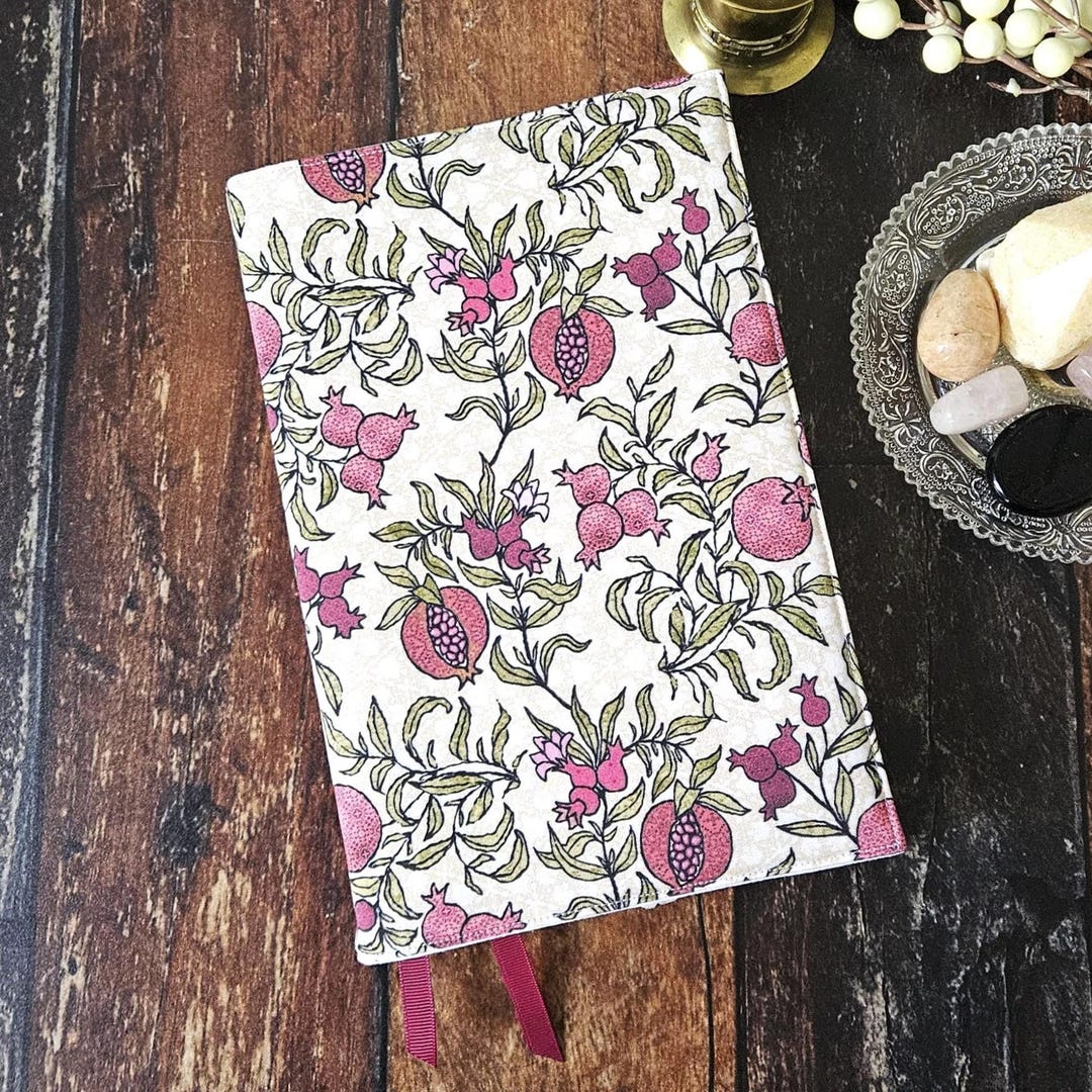 Botanical Pomegranate Book Cover, Floral Pomegranates Reusable Dust ...