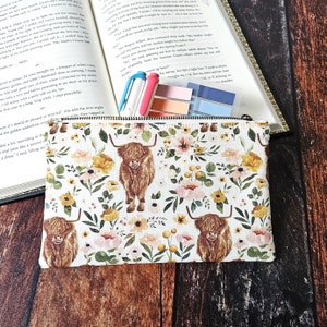 Highland Cow Floral Zippered Pouch: Pencil Case, Cosmetic Bag - Etsy