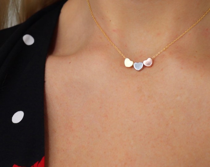 Tiny 3 Hearts Necklace, Three Hearts Gold, Silver, Rose Gold on Gold ...
