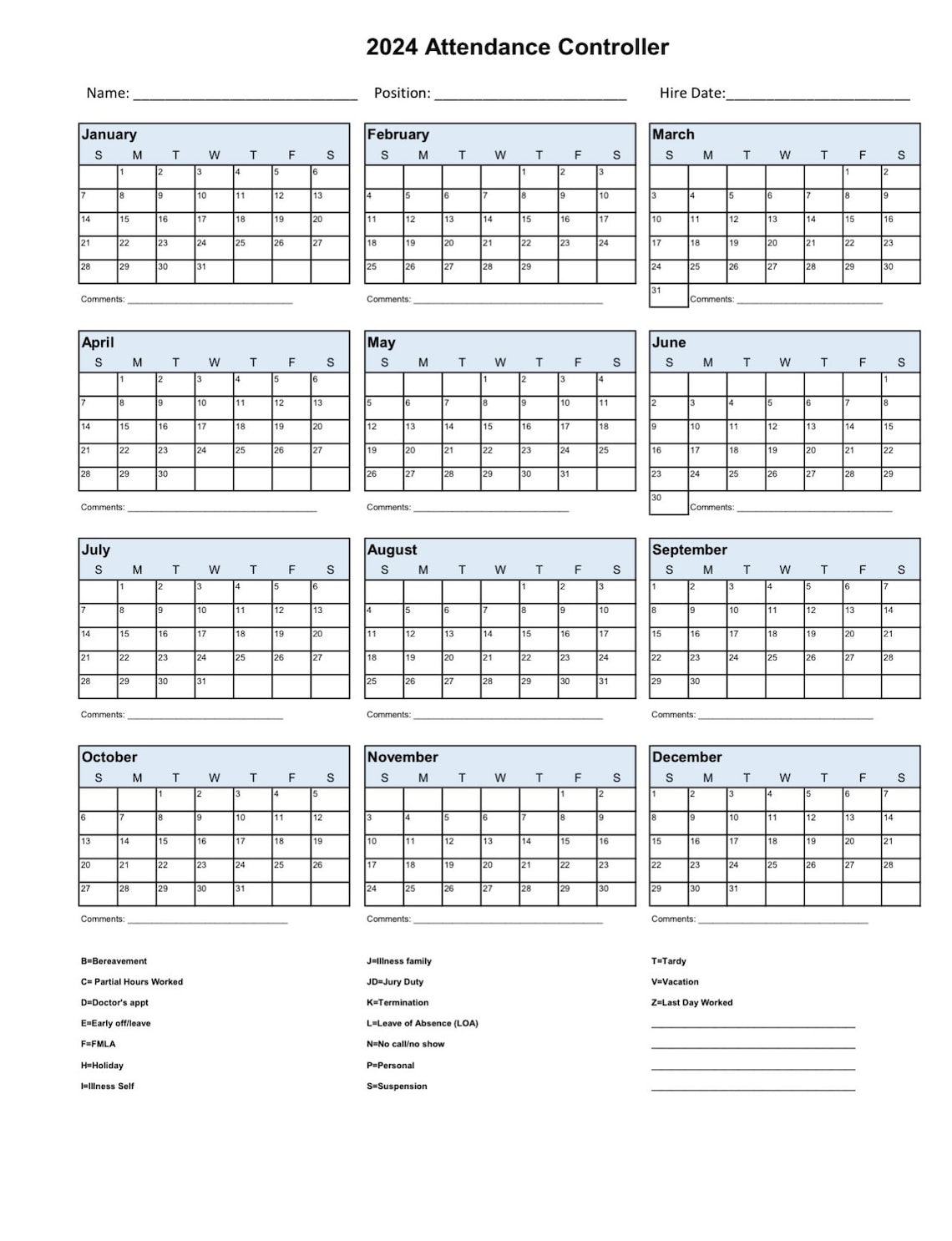 2024 Employee School Attendance Tracker Calendar, Employee Vacation ...