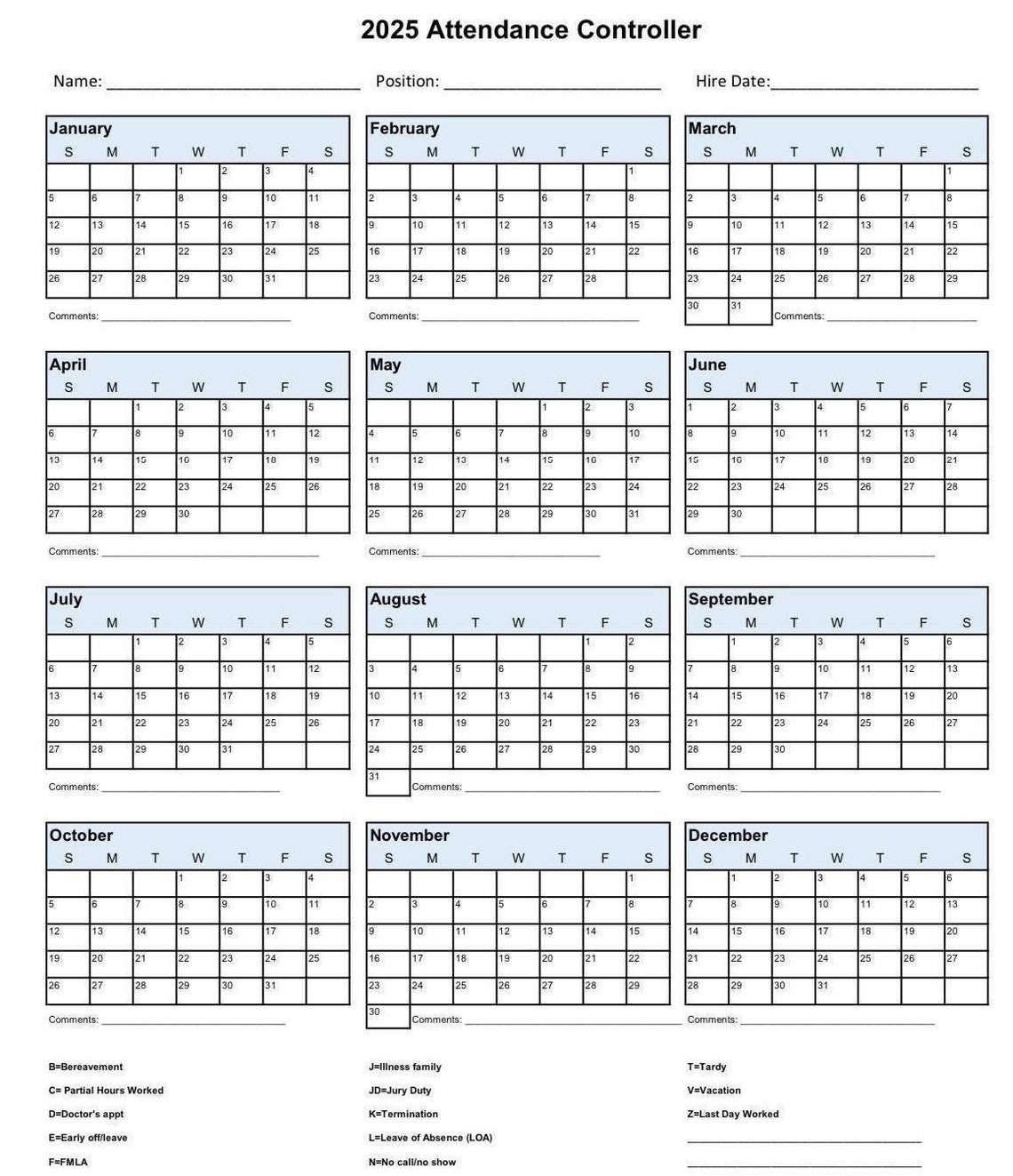 2025 Employee School Attendance Tracker Calendar, Employee Vacation ...